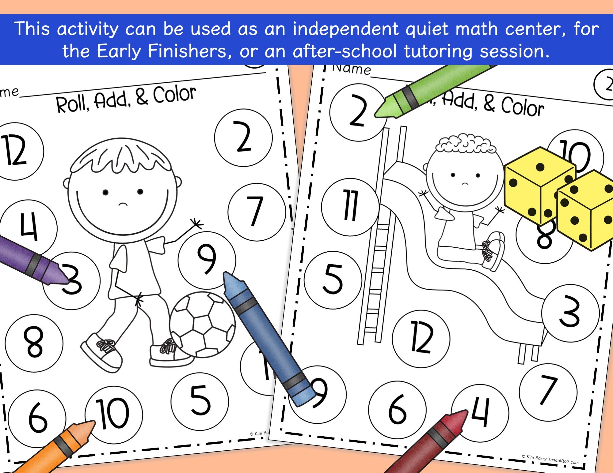 Roll, Add, and Color Math Dice Game/math Centers/grade 1 Math/fast ...