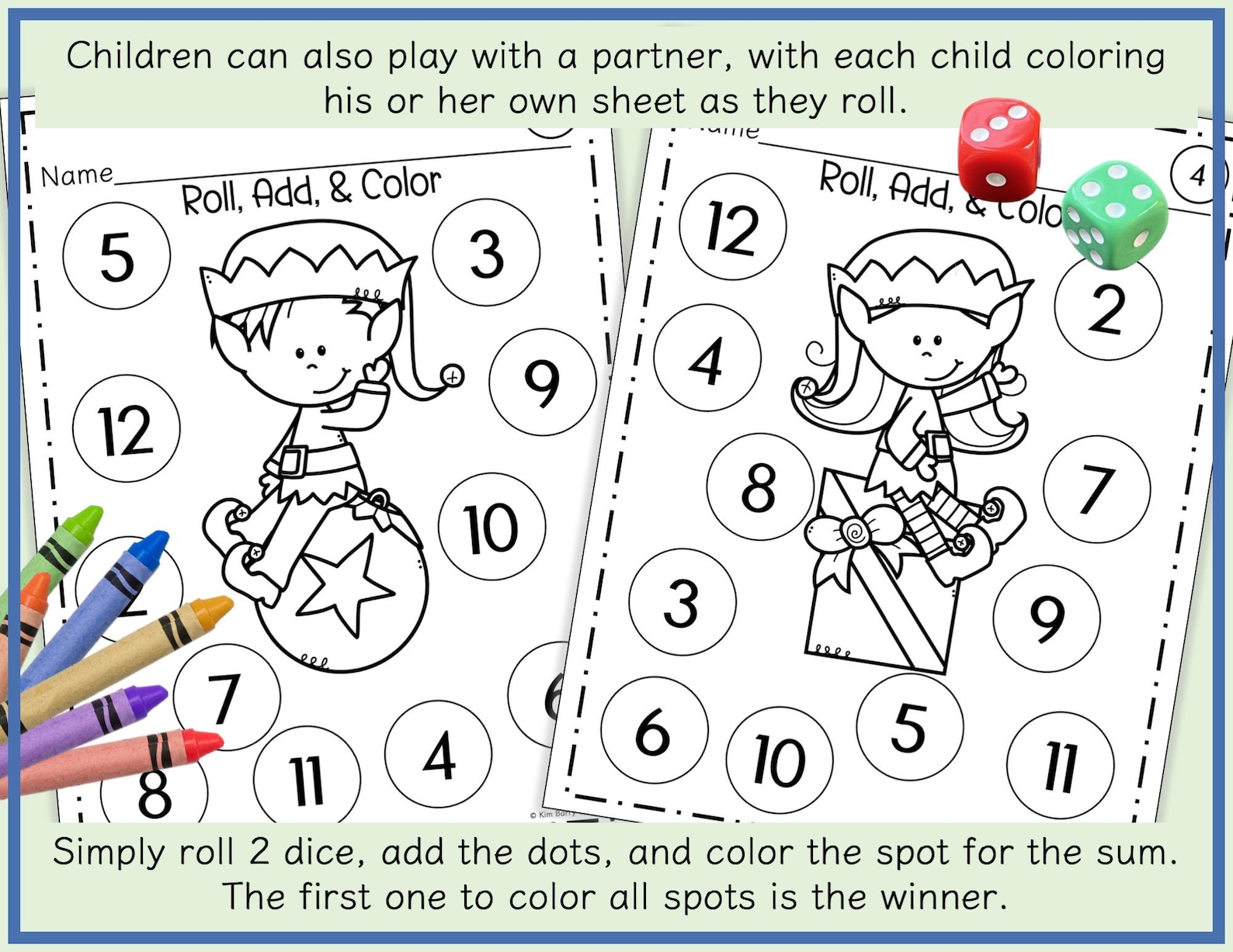 Roll, Add, and Color Christmas Math Dice Game for Kindergarten, First ...