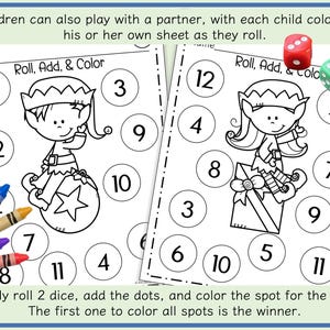 Roll, Add, and Color Christmas Math Dice Game for Kindergarten, First ...