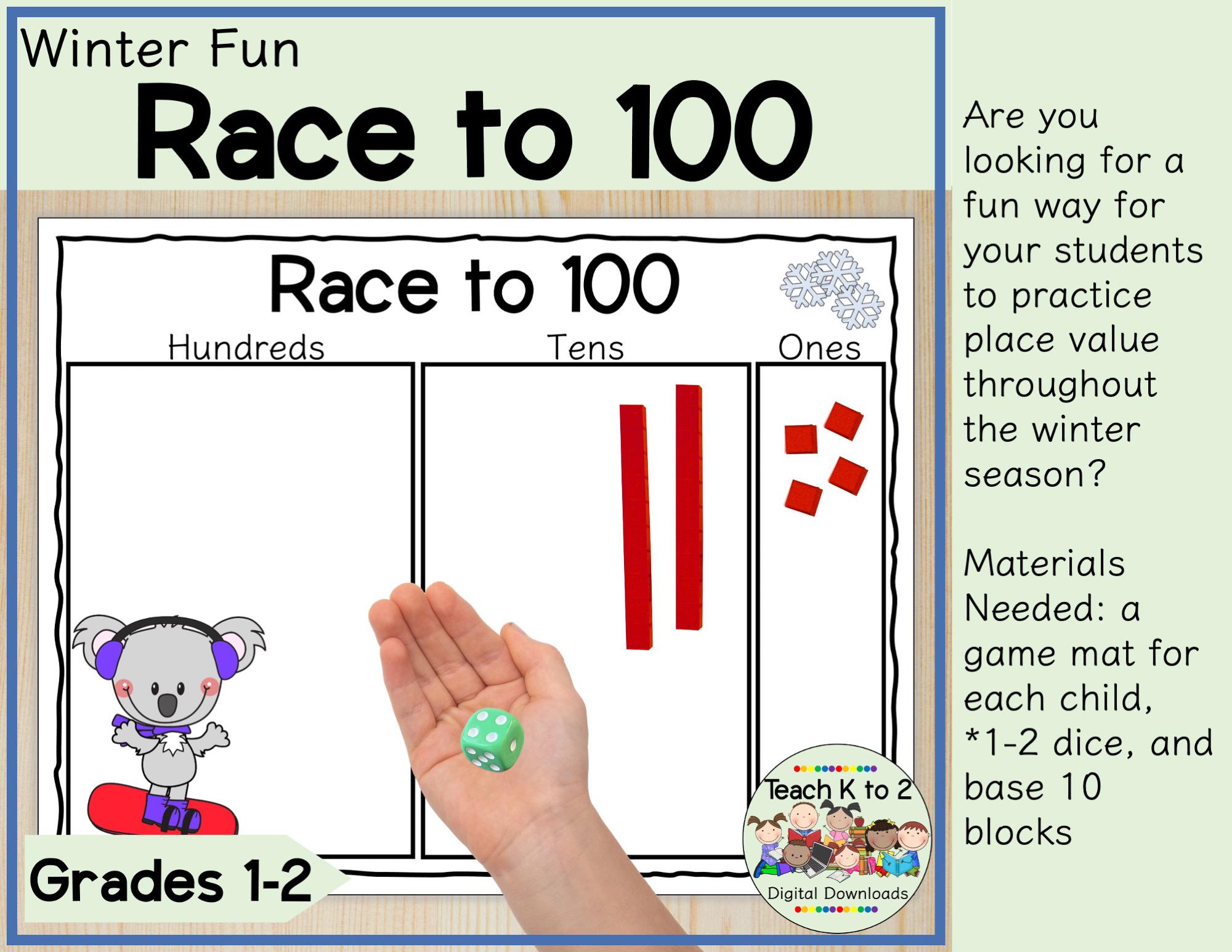 Winter Race to 100 Place Value Game for First or Second Grade January ...
