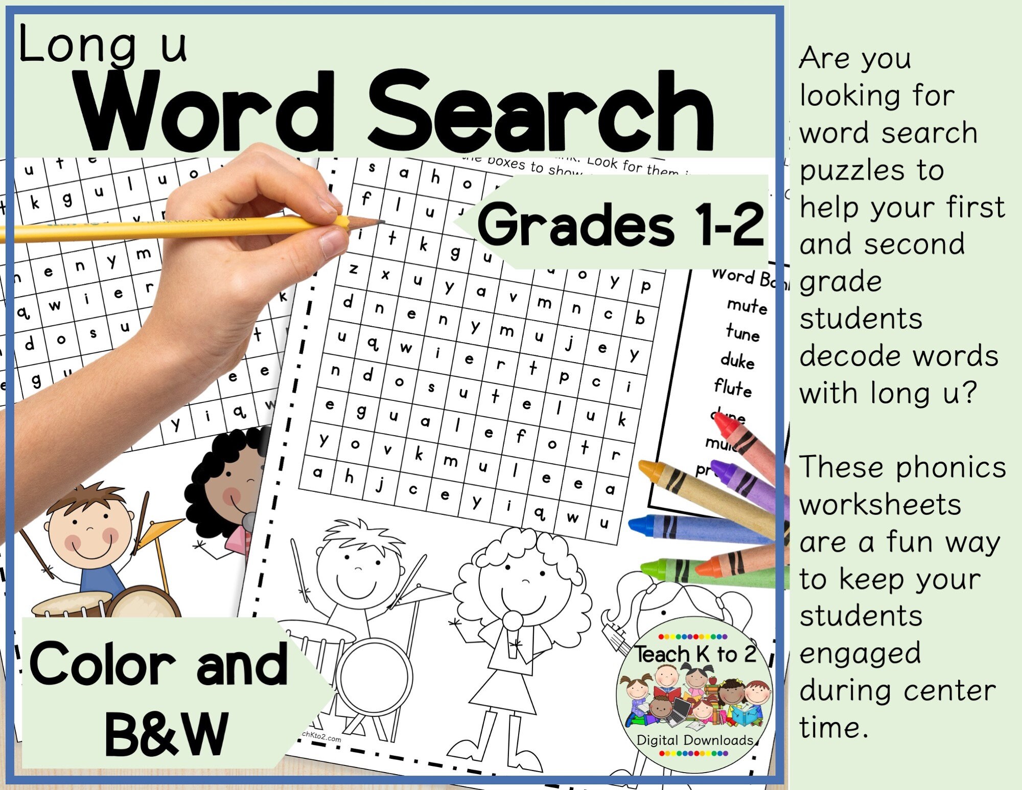 Long U Word Search Puzzles for Grade 1 Literacy Centers/first Grade ...