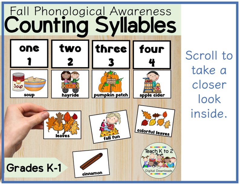 Fall Counting Syllables Activity for Grades K-1/literacy Center/science ...
