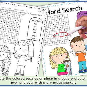 Short E Word Search Puzzles for Grade 1 Literacy Centers/first Grade ...