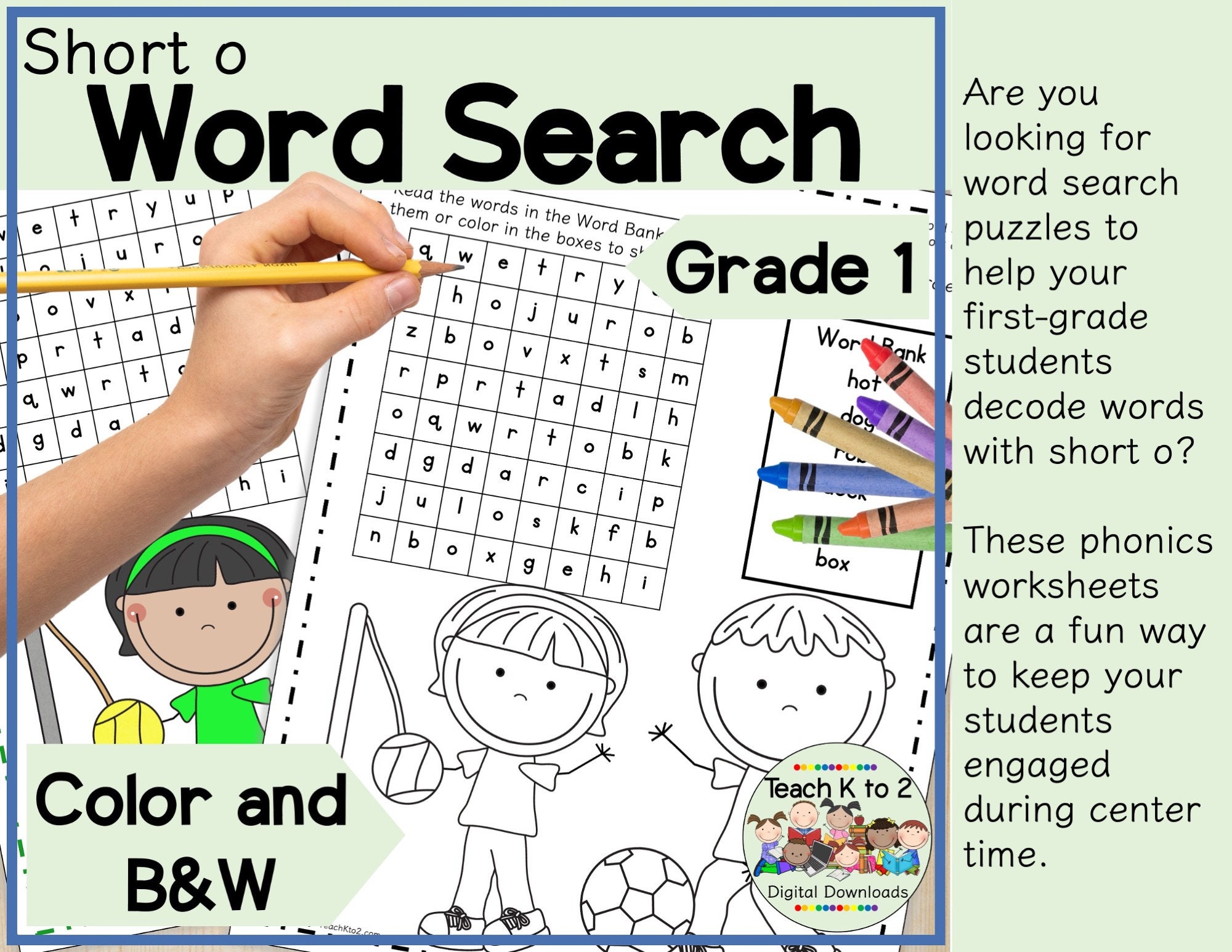 Short O Word Search Puzzles for Grade 1 Literacy Centers/short Vowels ...