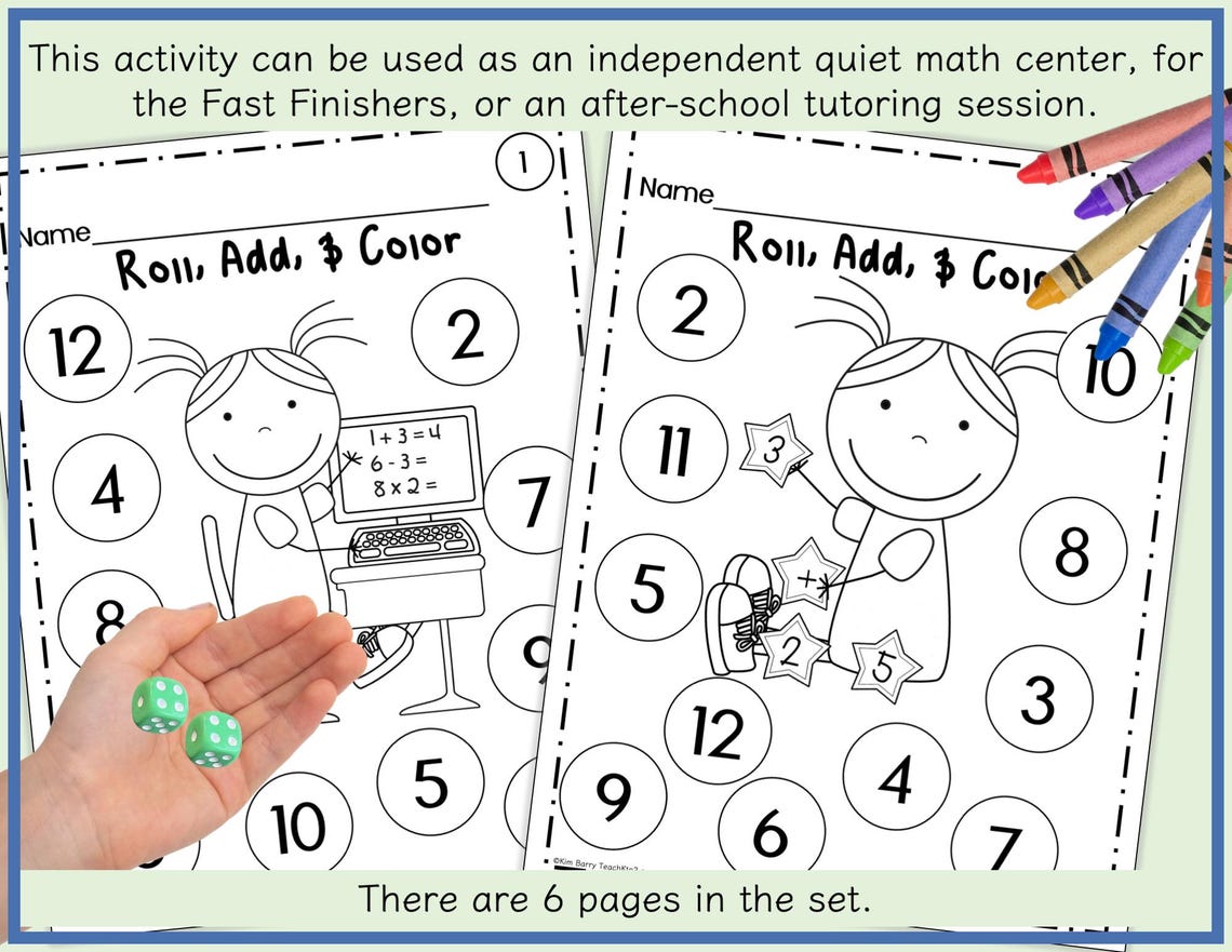 Roll, Add, and Color Math Dice Game/math Centers/grade 1 Math/fast ...