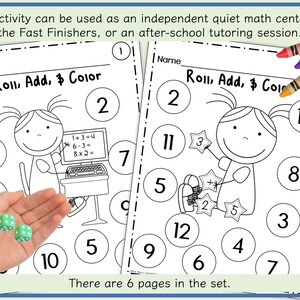 Roll, Add, and Color Math Dice Game/math Centers/grade 1 Math/fast ...