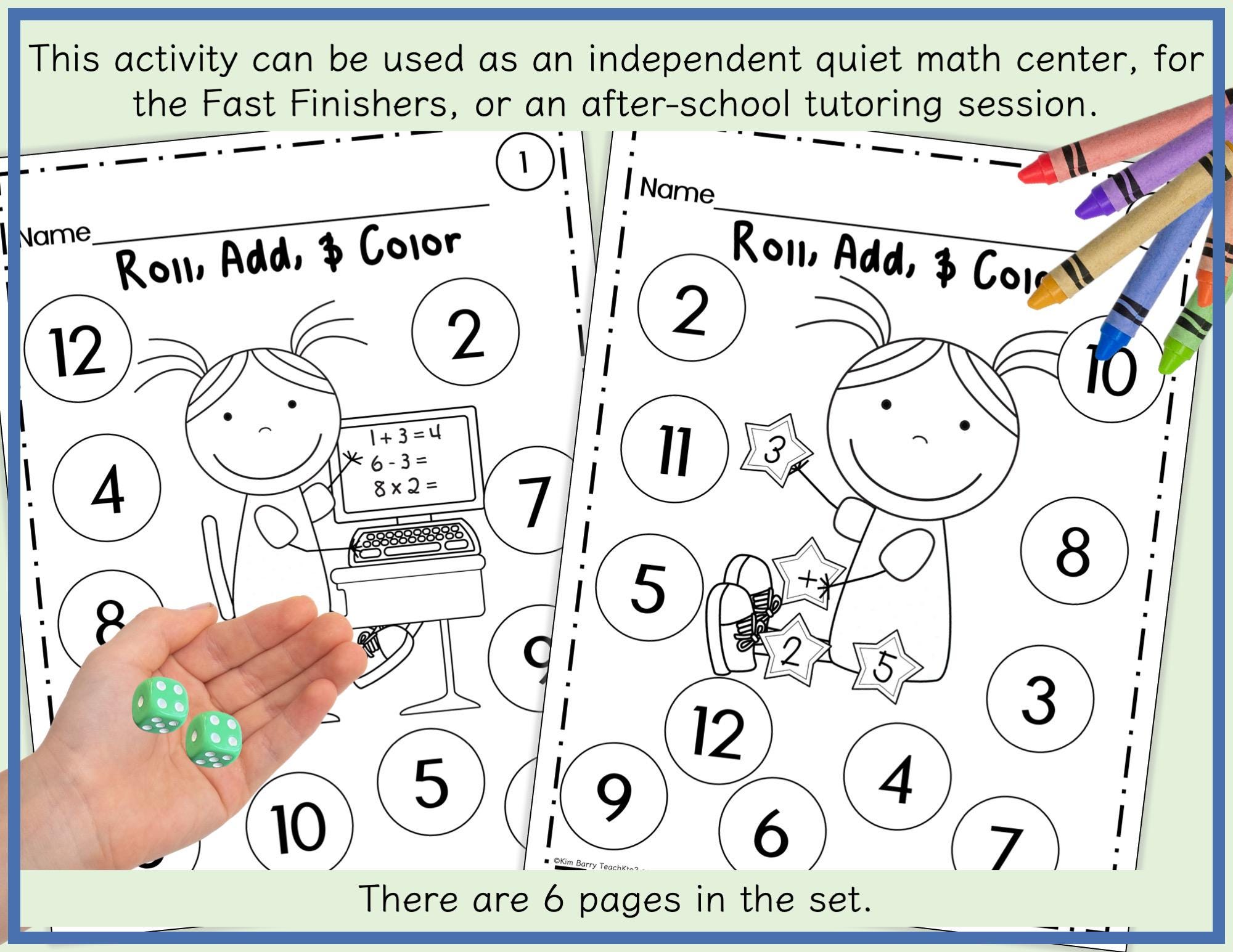 Roll, Add, and Color Math Dice Game/math Centers/grade 1 Math/fast ...