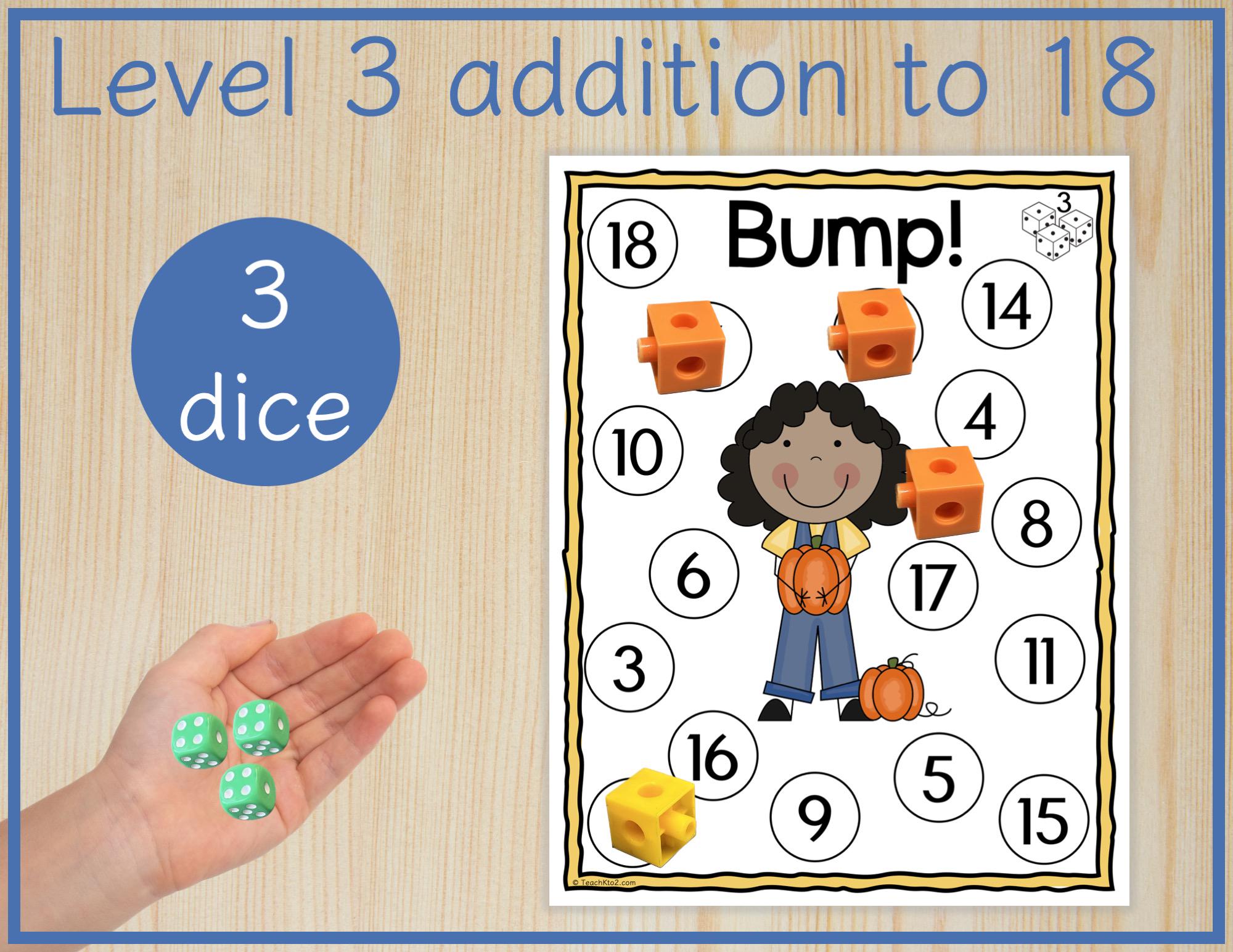BUMP Math Games for Number ID and Addition to 12 or 18 Differentiated ...