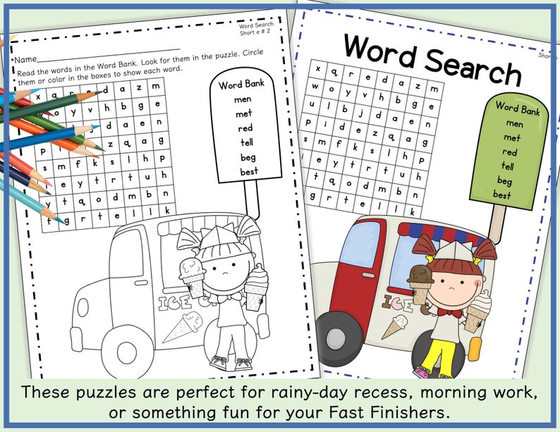 Short E Word Search Puzzles for Grade 1 Literacy Centers/first Grade ...