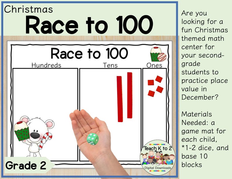 Christmas Race to 100 Place Value Game for Second Grade December Math ...