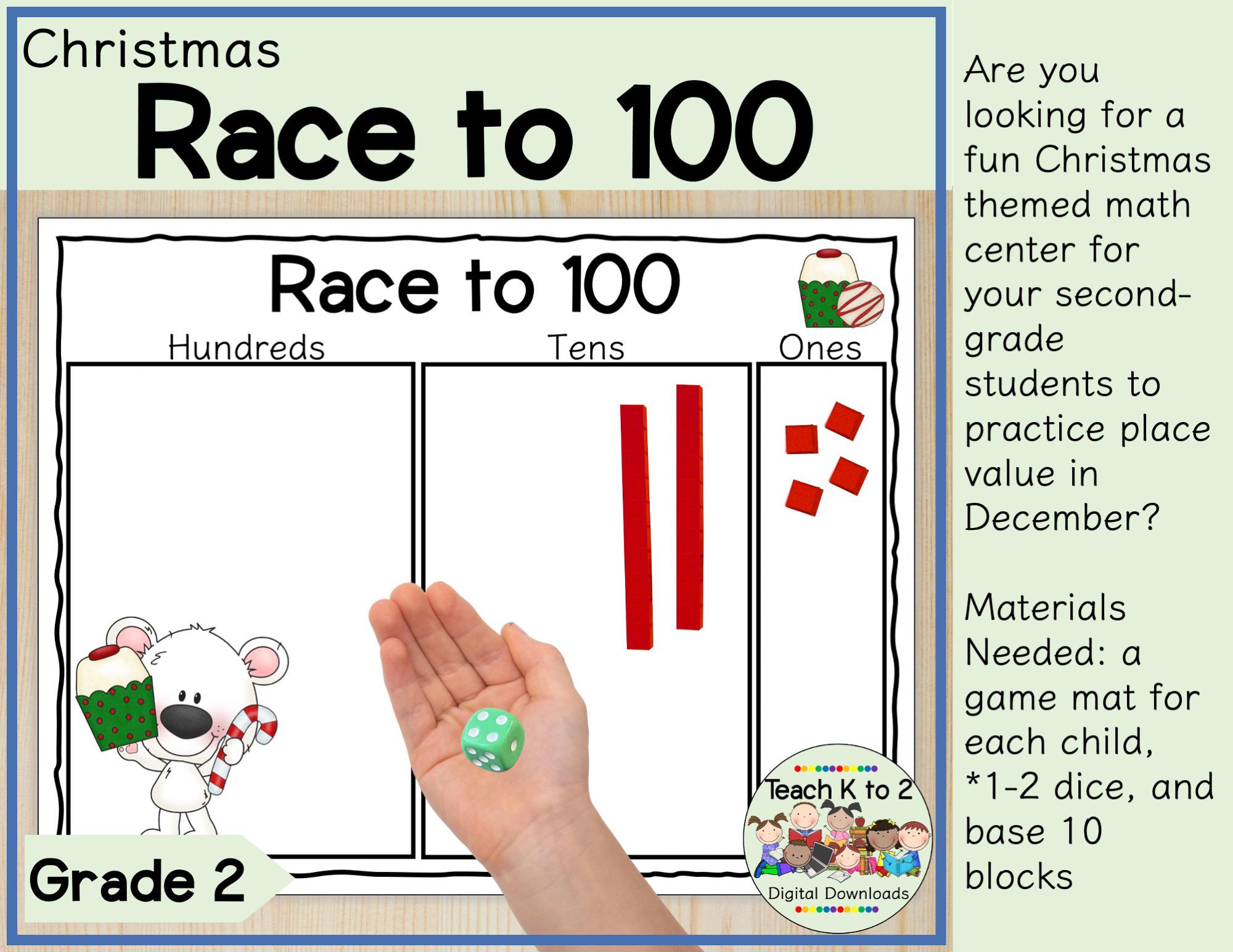 Christmas Race to 100 Place Value Game for Second Grade December Math ...