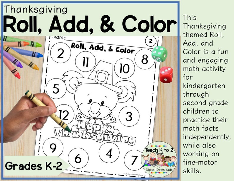 Roll, Add, and Color Math Dice Game/math Centers/grade 1 Math/fast ...