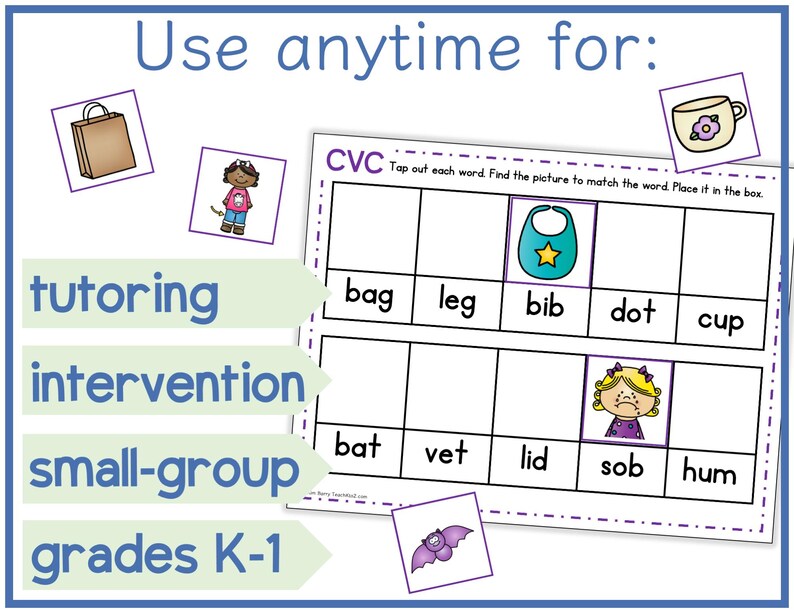 CVC Decoding and Picture Matching Word Mats for Grades K-1 Literacy ...