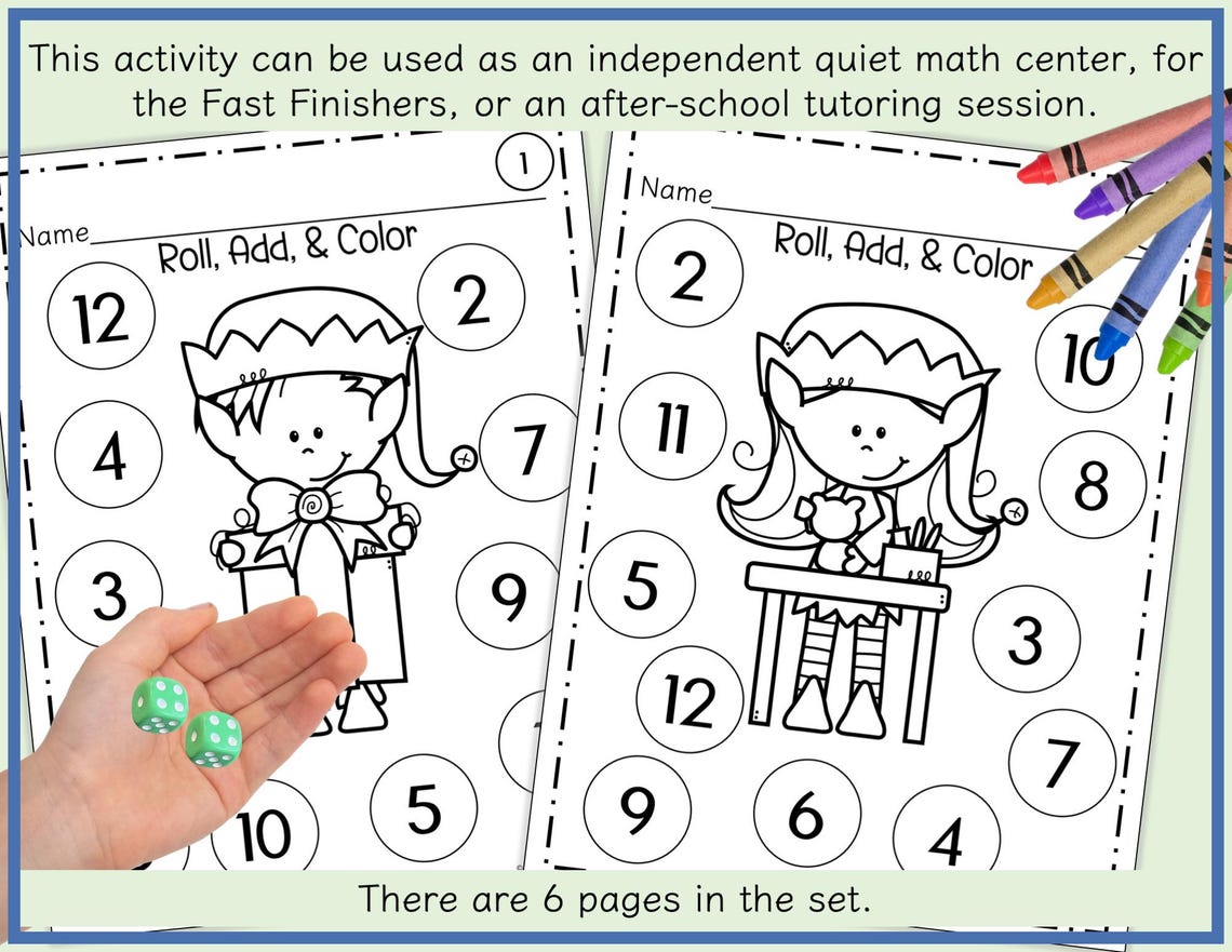 Roll, Add, and Color Christmas Math Dice Game for Kindergarten, First ...