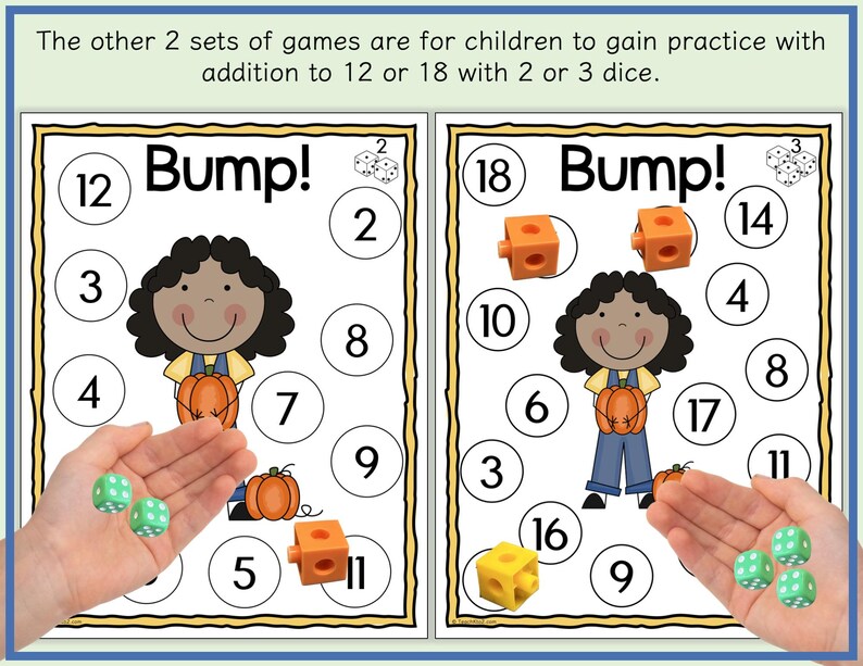 BUMP Math Games for Number ID and Addition to 12 or 18 Differentiated ...