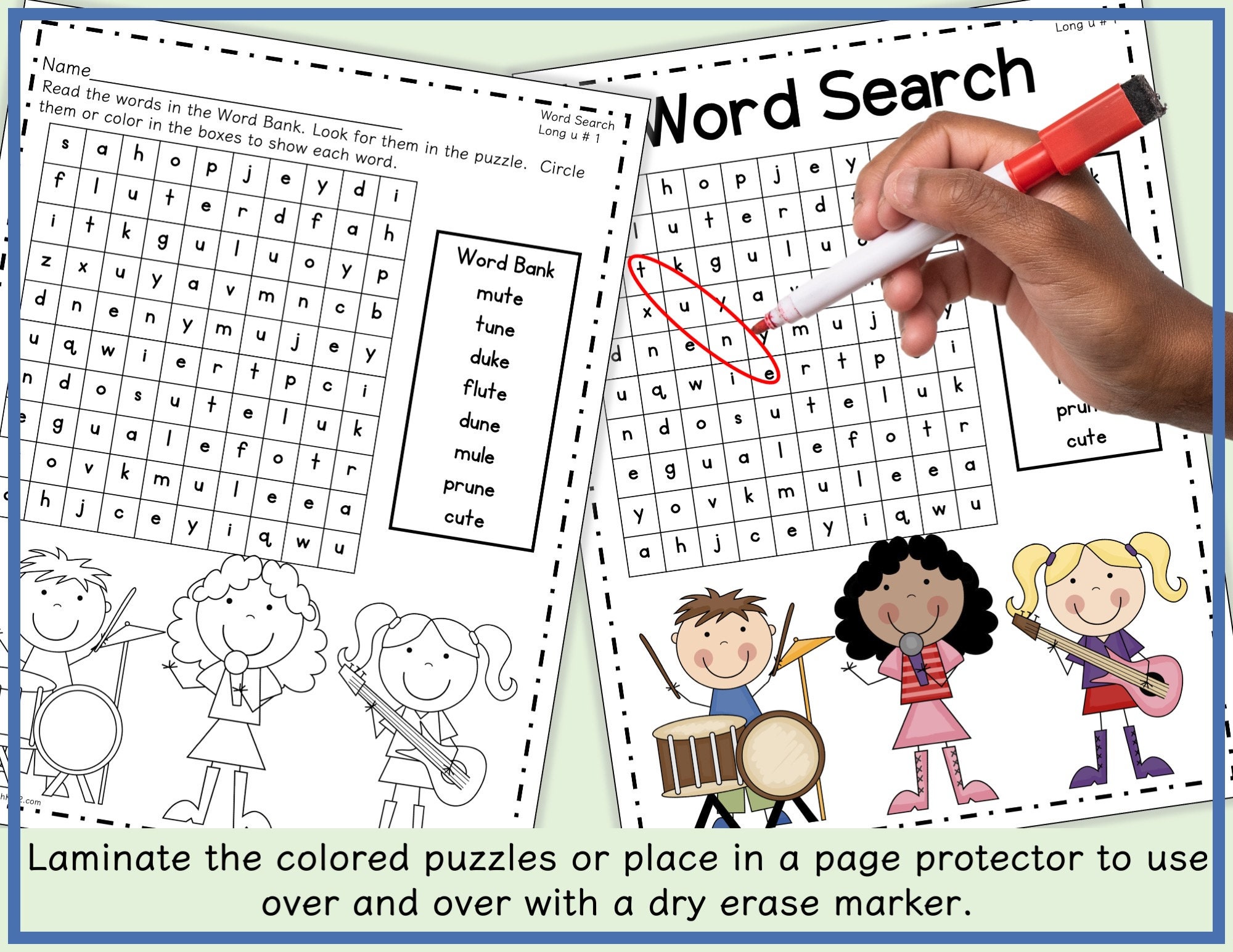 Long U Word Search Puzzles for Grade 1 Literacy Centers/first Grade ...