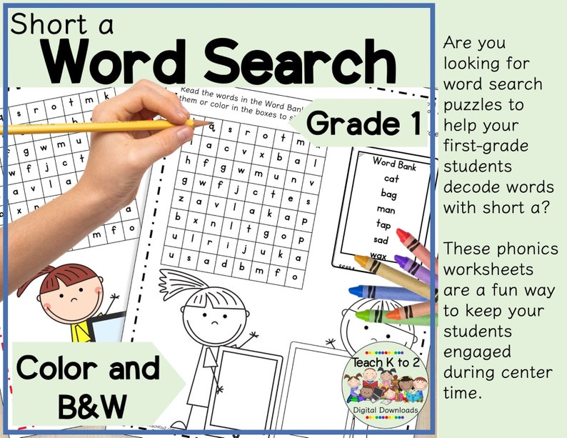 Short a Word Search Puzzles for Grade 1 Literacy Centers/first Grade ...