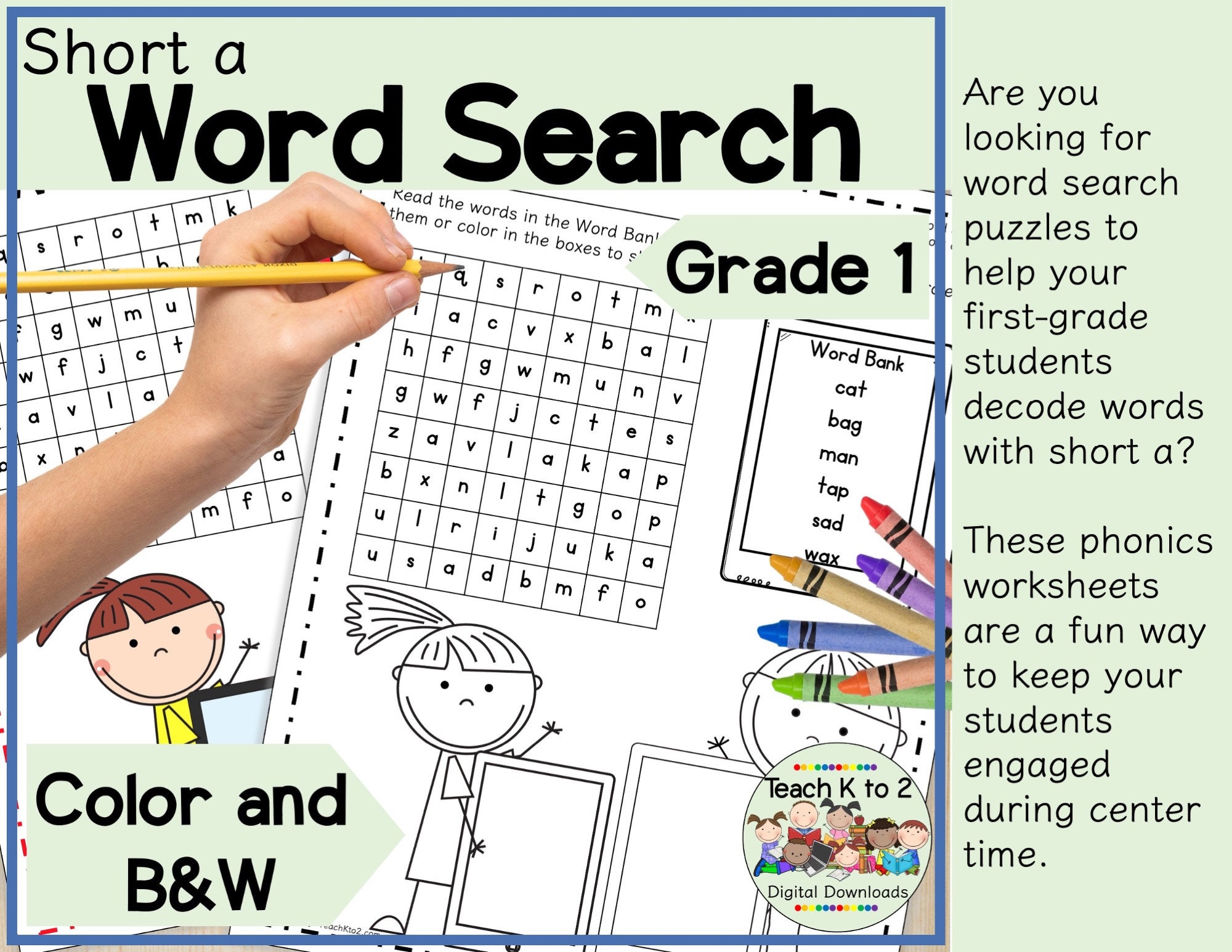 Short a Word Search Puzzles for Grade 1 Literacy Centers/first Grade ...