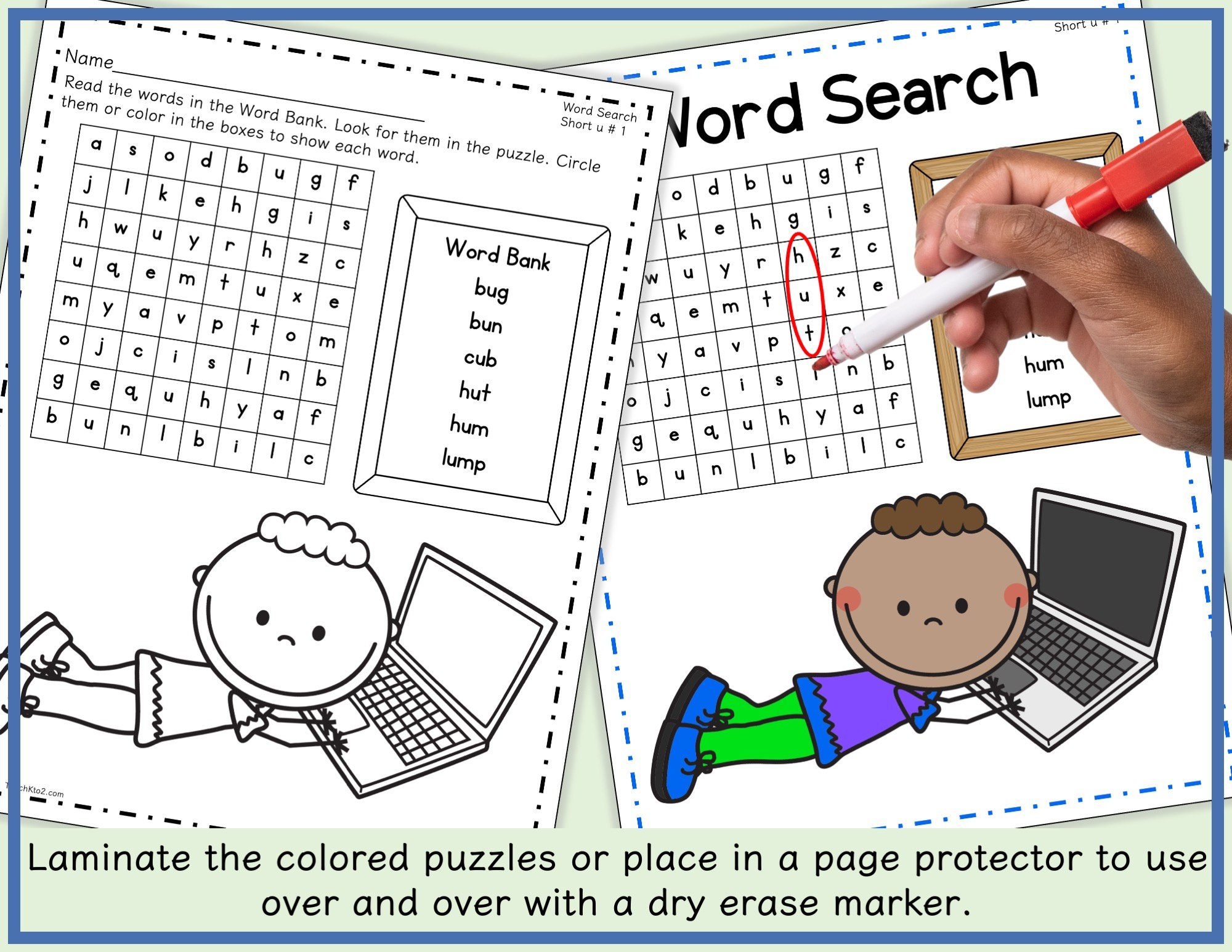 Short Vowel U Word Search Puzzles for Grade 1 Literacy Centers/phonics ...