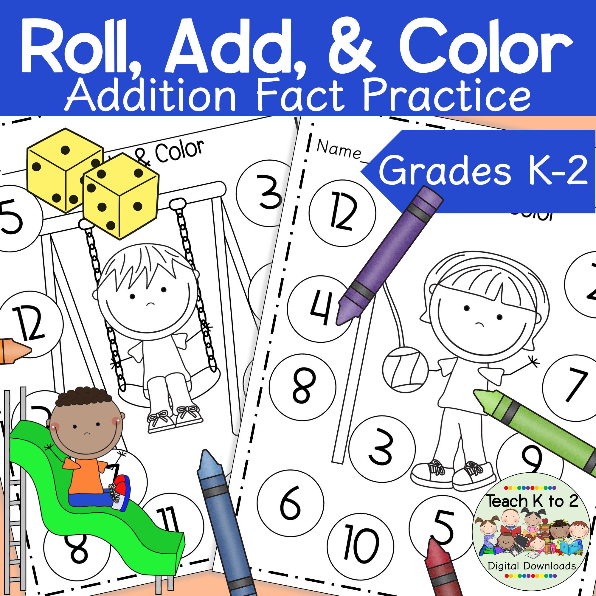 Roll, Add, and Color Math Dice Game/math Centers/grade 1 Math/fast ...
