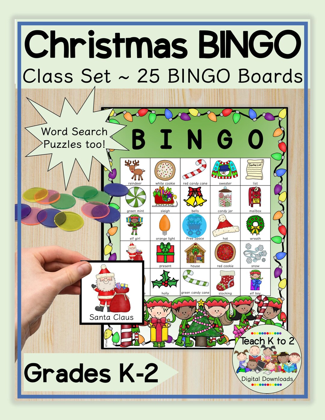 Printable Christmas BINGO Game Whole Class With Word Search Puzzles for ...
