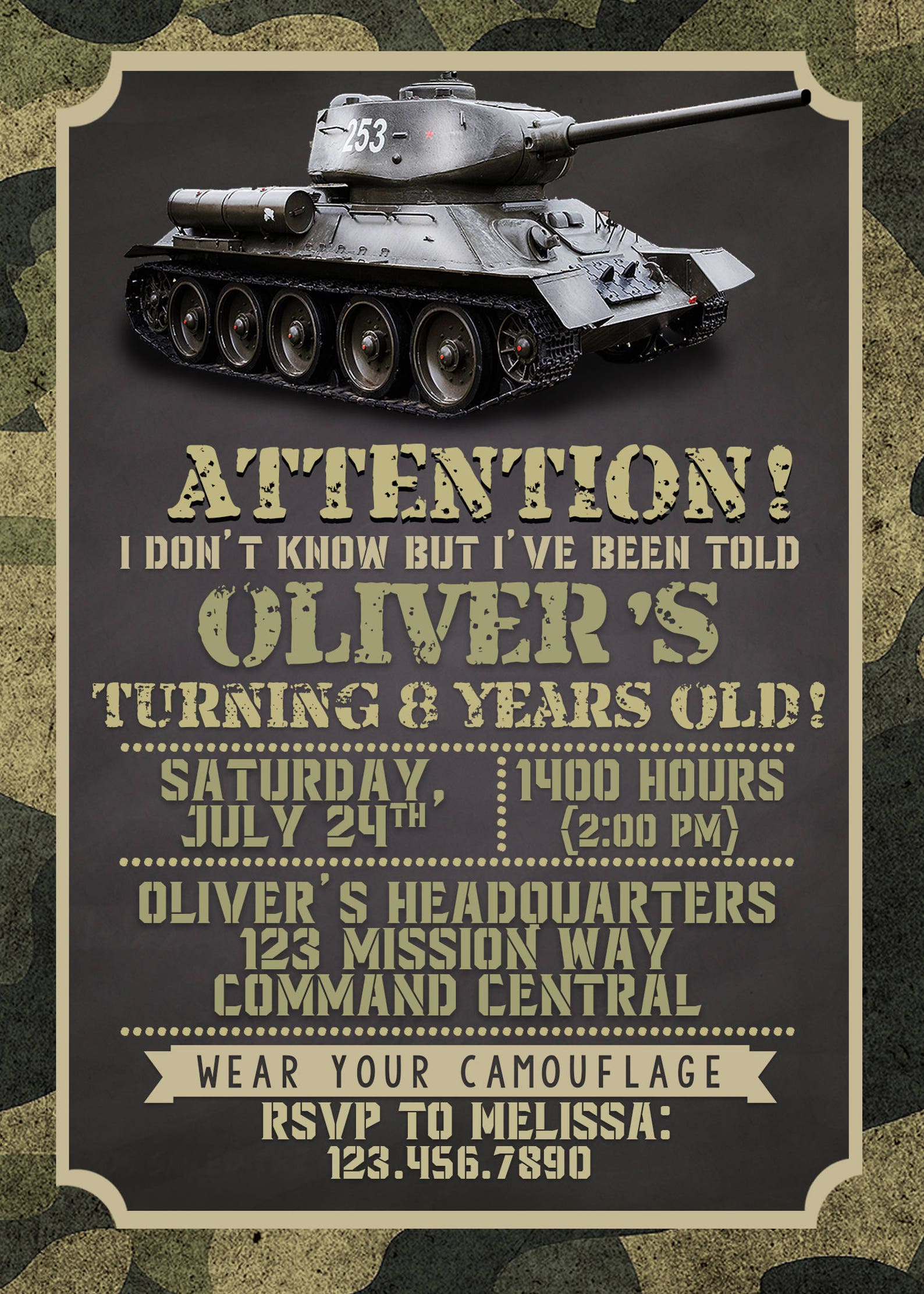 Army Camouflage Camo Tank Birthday Invitation | Etsy