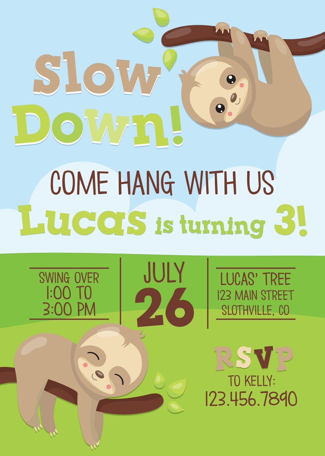 Cute Sloth Birthday Invitation | Etsy