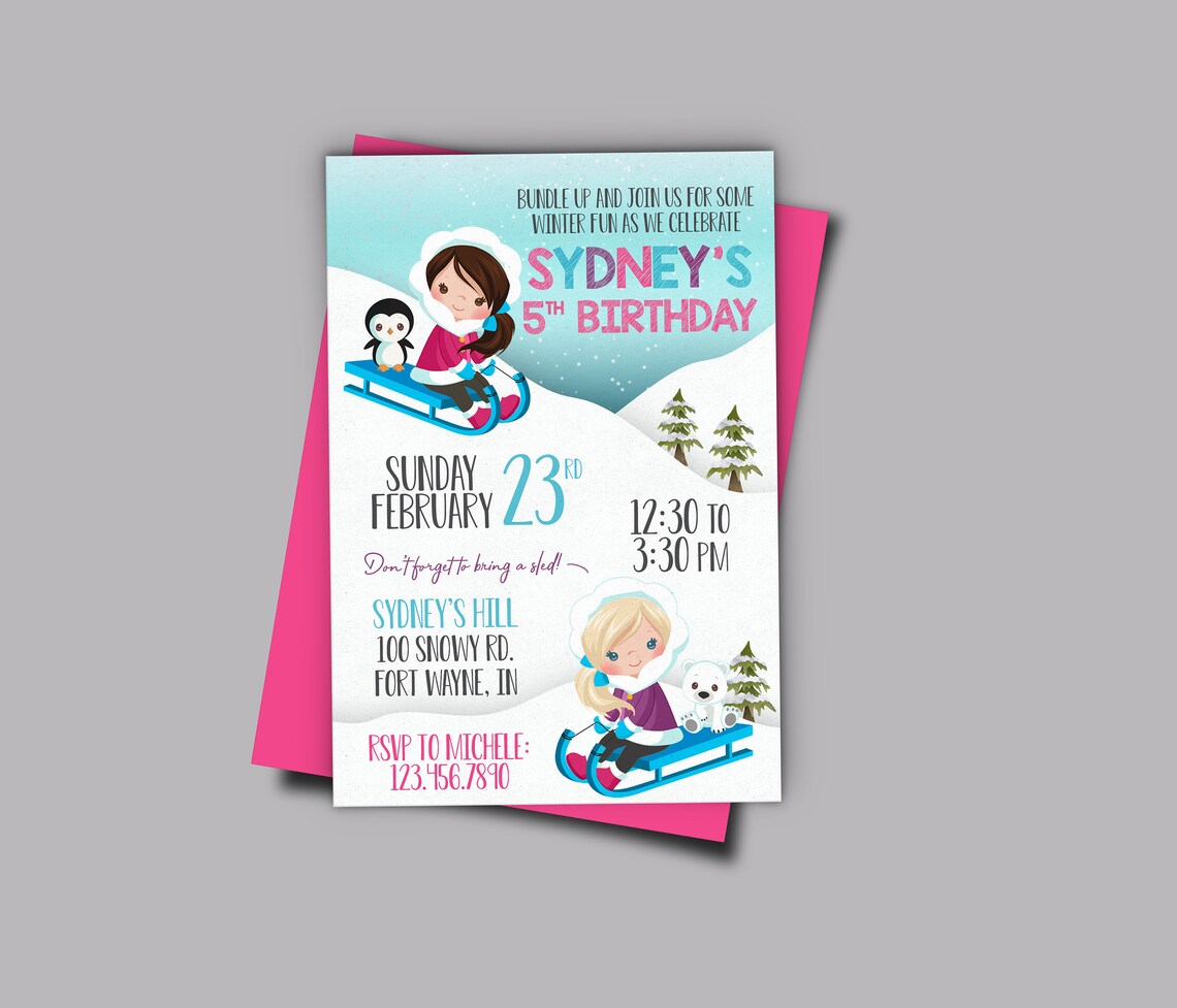 Sledding pink & Purple Birthday Invitation - Etsy