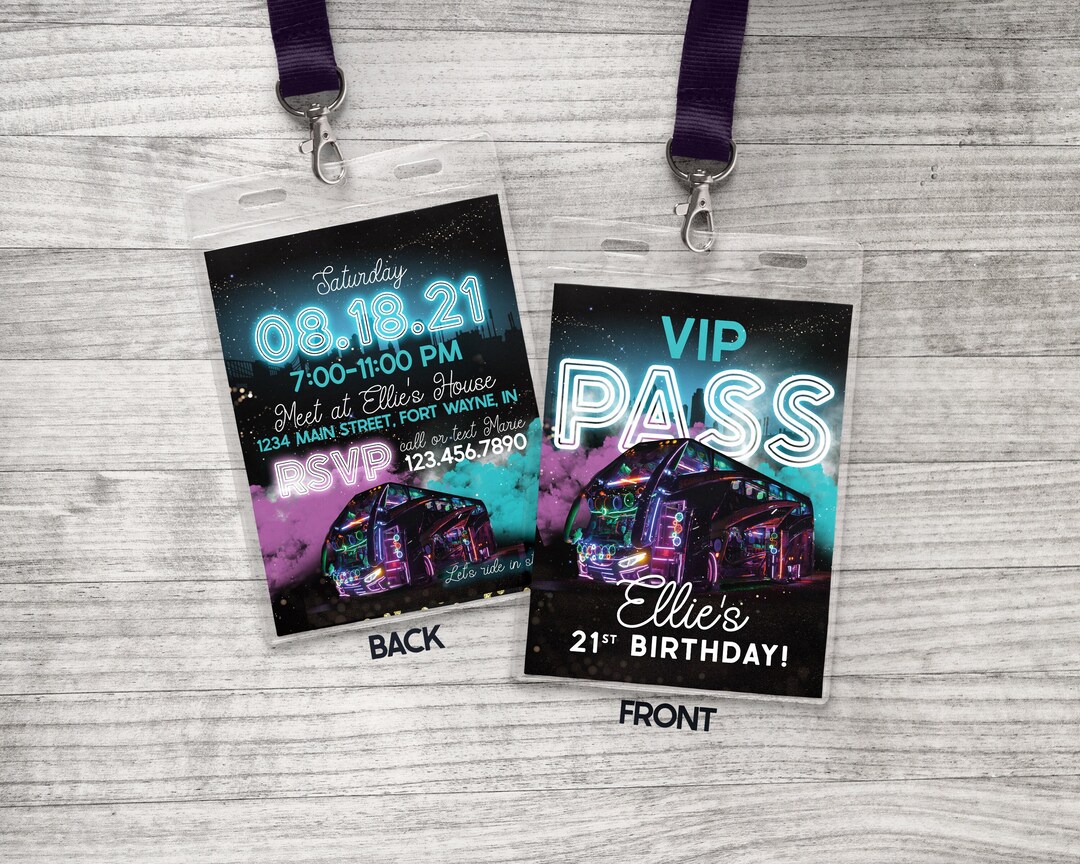 VIP Pass Party Bus Lanyard 2 Sides Birthday Invitation 2 Names - Etsy