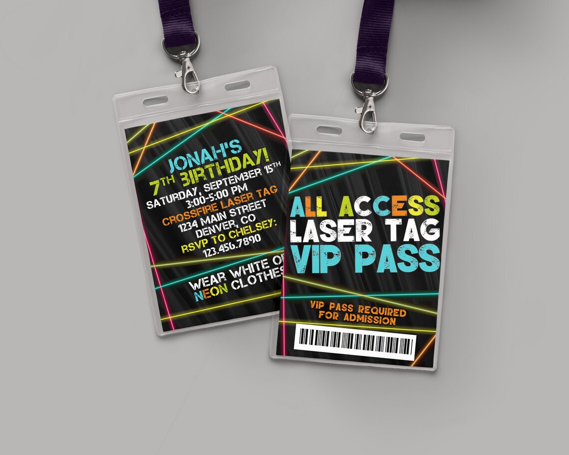 VIP Pass Laser Tag 2 Sides Birthday Invitation - Etsy