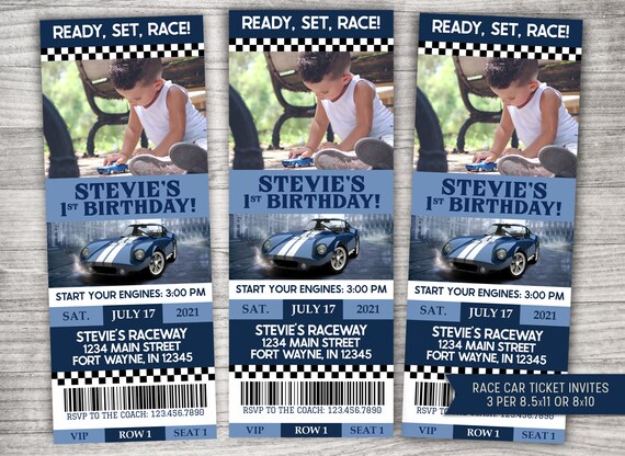 Race Car Blue Birthday Ticket Invitation - Etsy