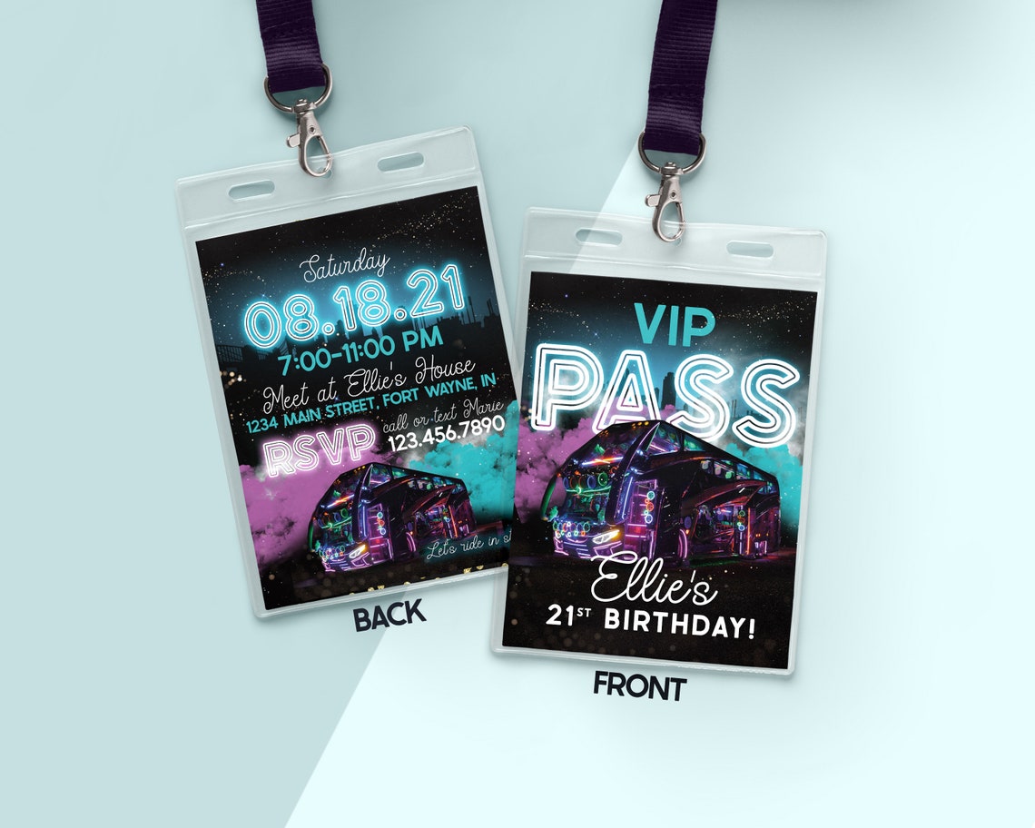 VIP Pass Party Bus Lanyard 2 Sides Birthday Invitation - Etsy