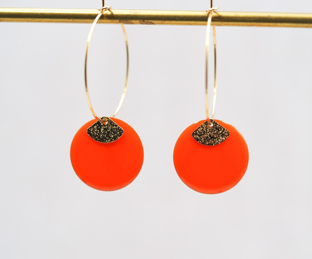 Bright Orange Hoop Earrings, Gilded With Fine Gold / Designer Jewelry / Enamelled Sequin ...