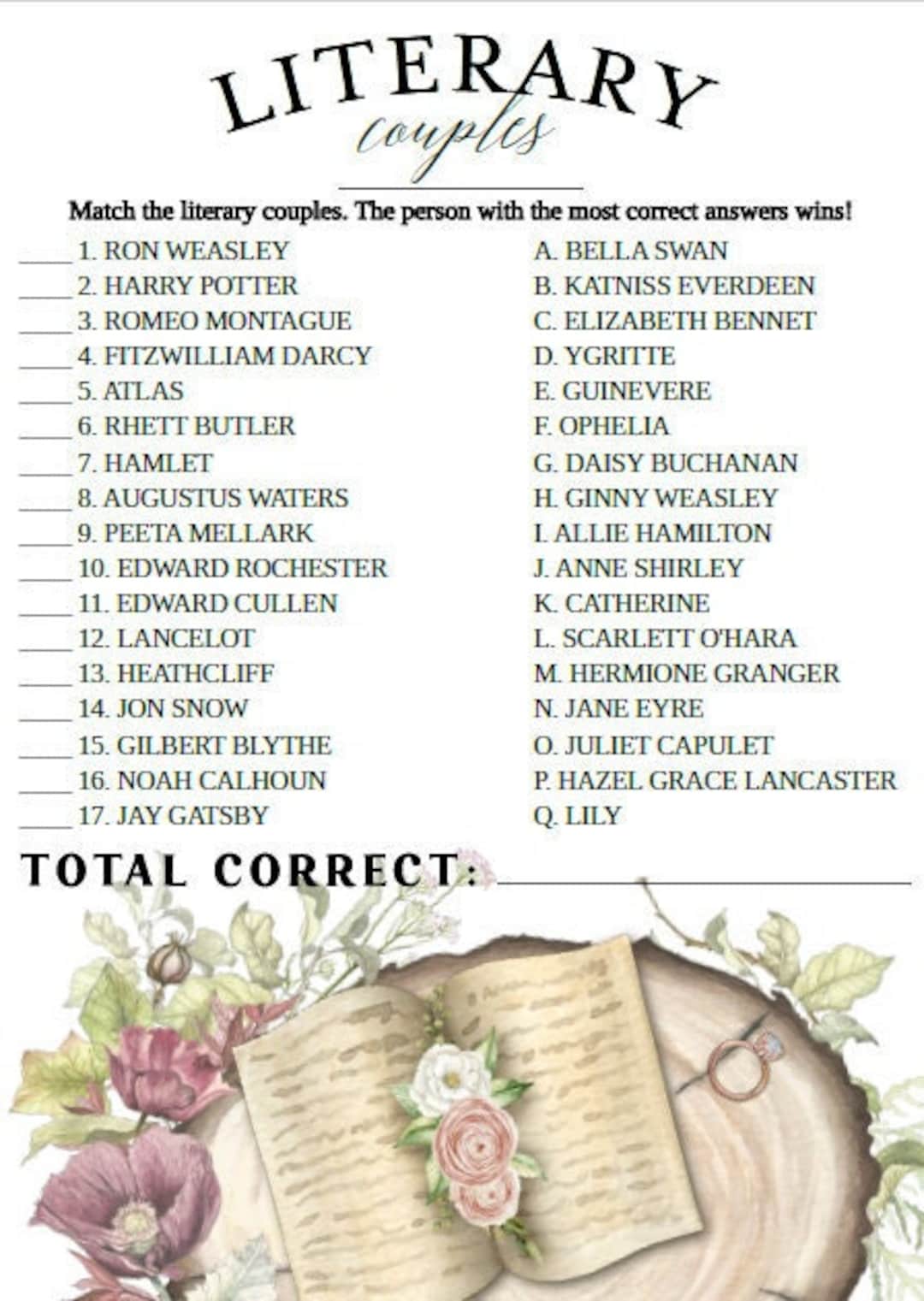 Literary/book Theme Bridal Shower Game - Literary Couples - Etsy