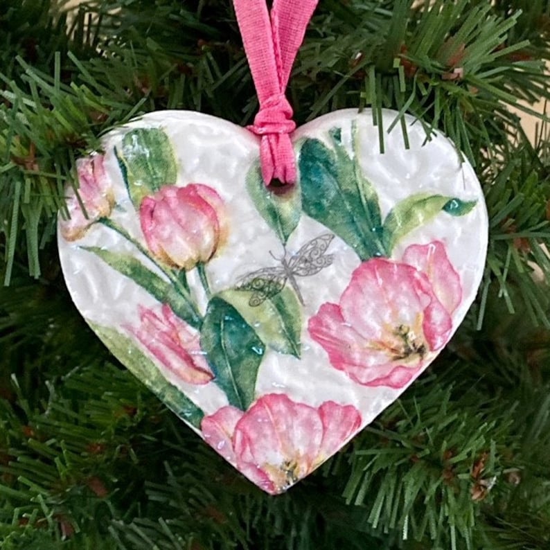 Heart Ornament, Heart Decor, Spring Ornament, Clay Ornament, Tulip ...