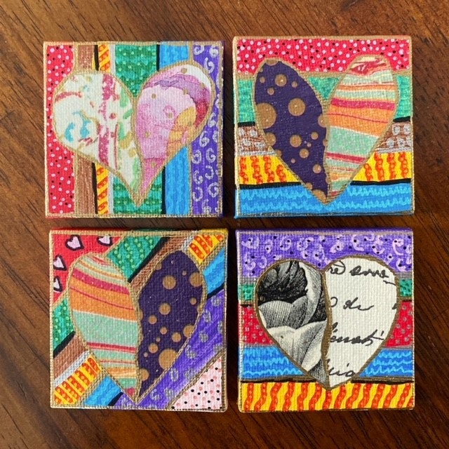 Mini Heart Painting on Canvas, 2 X 2 Inches, Whimsical Heart Painting ...