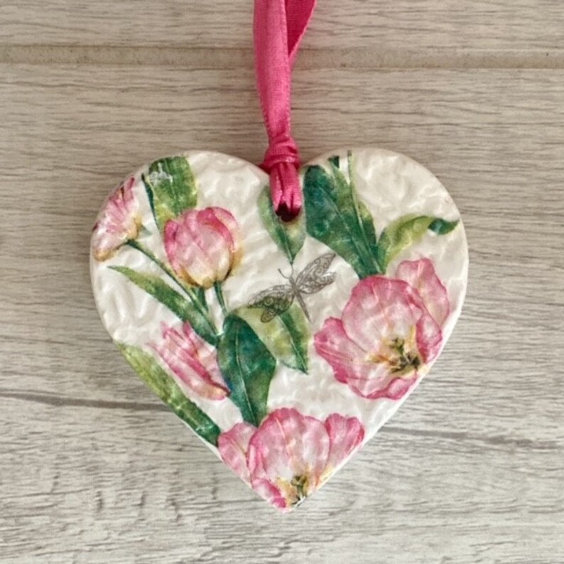 Heart Ornament, Heart Decor, Spring Ornament, Clay Ornament, Tulip ...