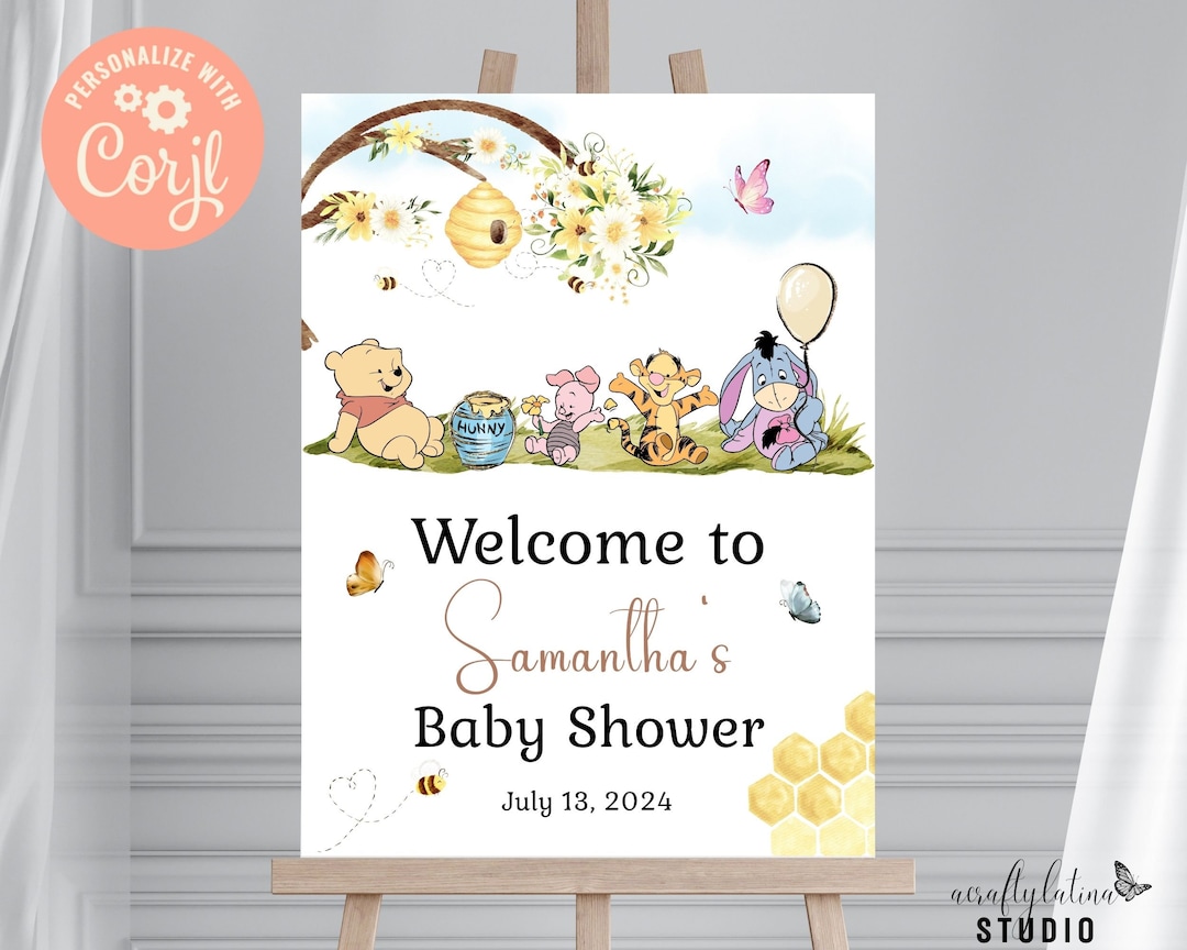 Editable Winnie the Pooh Welcome Sign, Classic Winnie the Pooh Baby ...