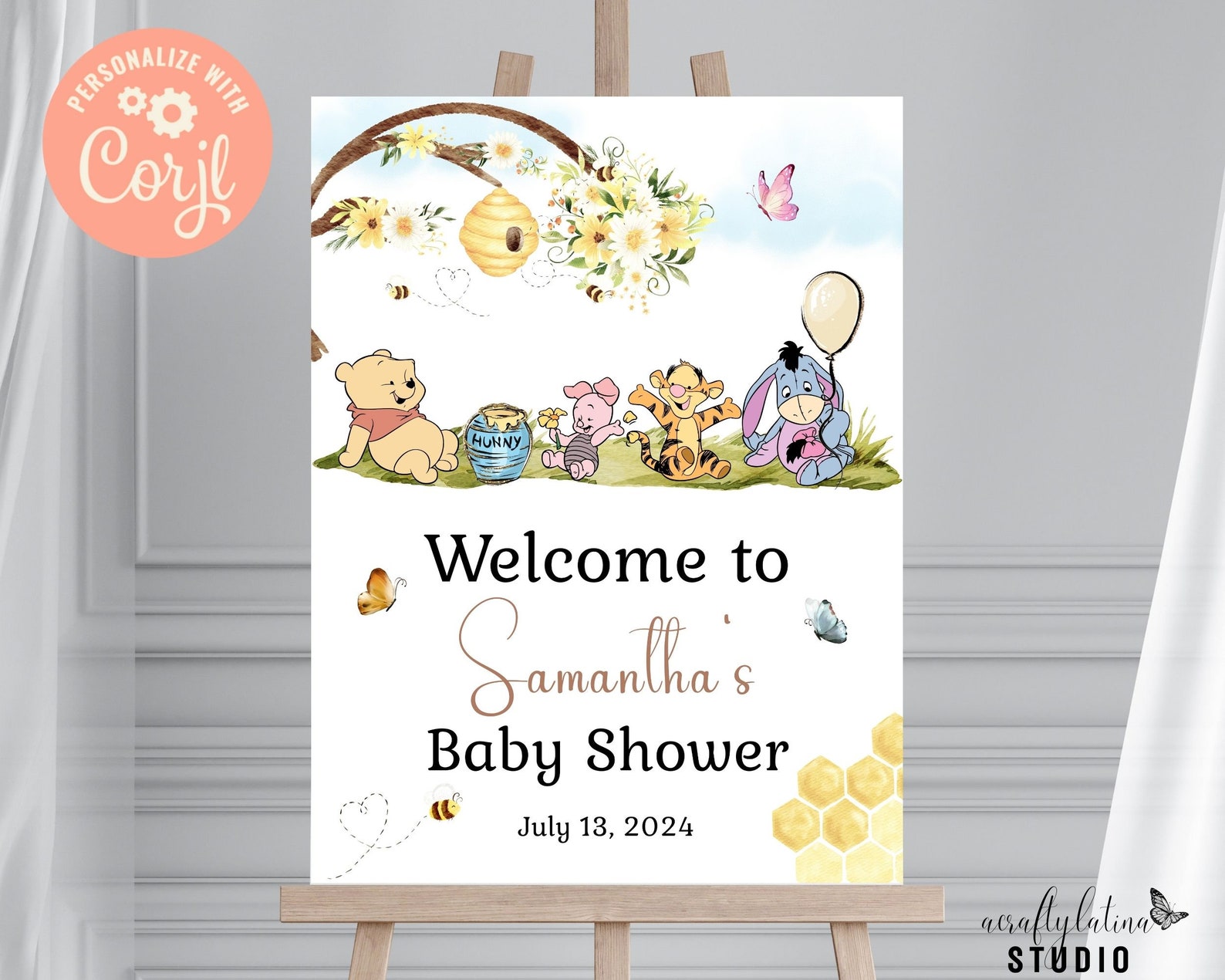 Editable Winnie the Pooh Welcome Sign, Classic Winnie the Pooh Baby ...