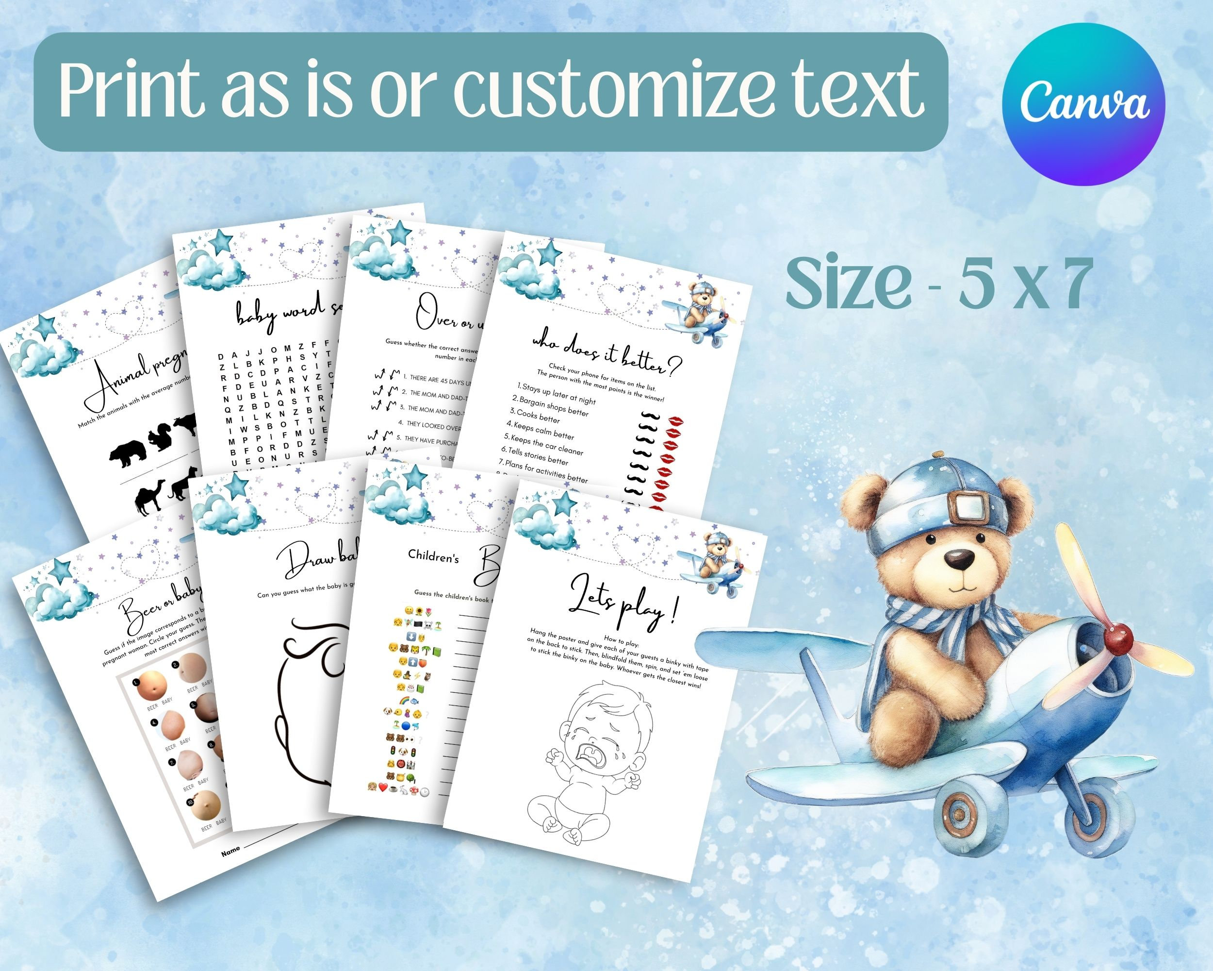 Bear Baby Shower Games Bundle, Instant Download, Printable Game, Draw ...