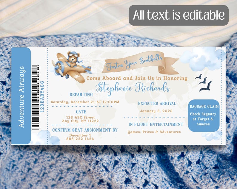 Boarding Pass Baby Shower Invitation, Adventure Awaits, Boy Baby Shower ...