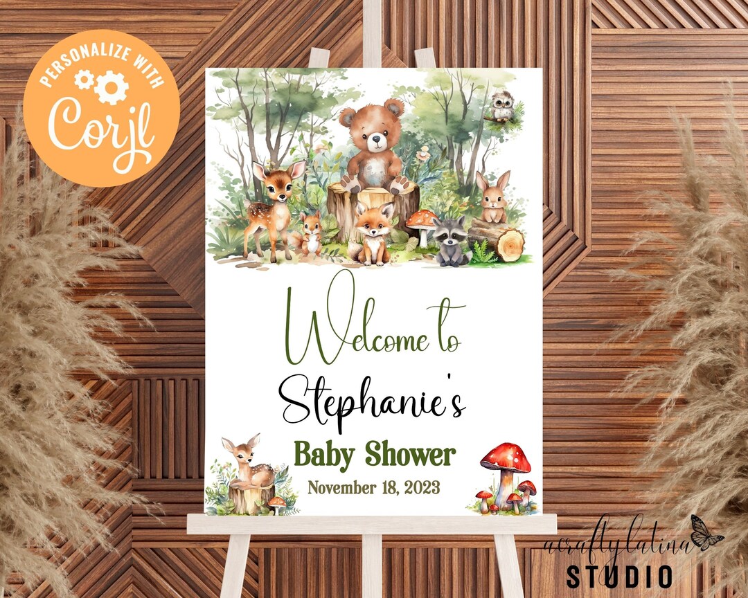 Woodland Baby Shower Welcome Sign, Forest Animal Baby Shower, Greenery ...