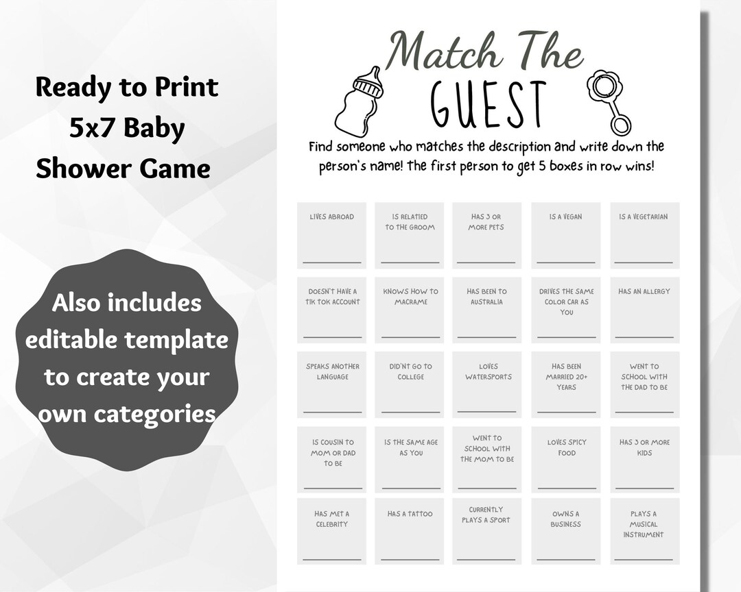 Match the Guest, Find the Guest, Gender Neutral Baby Shower, Baby Games ...