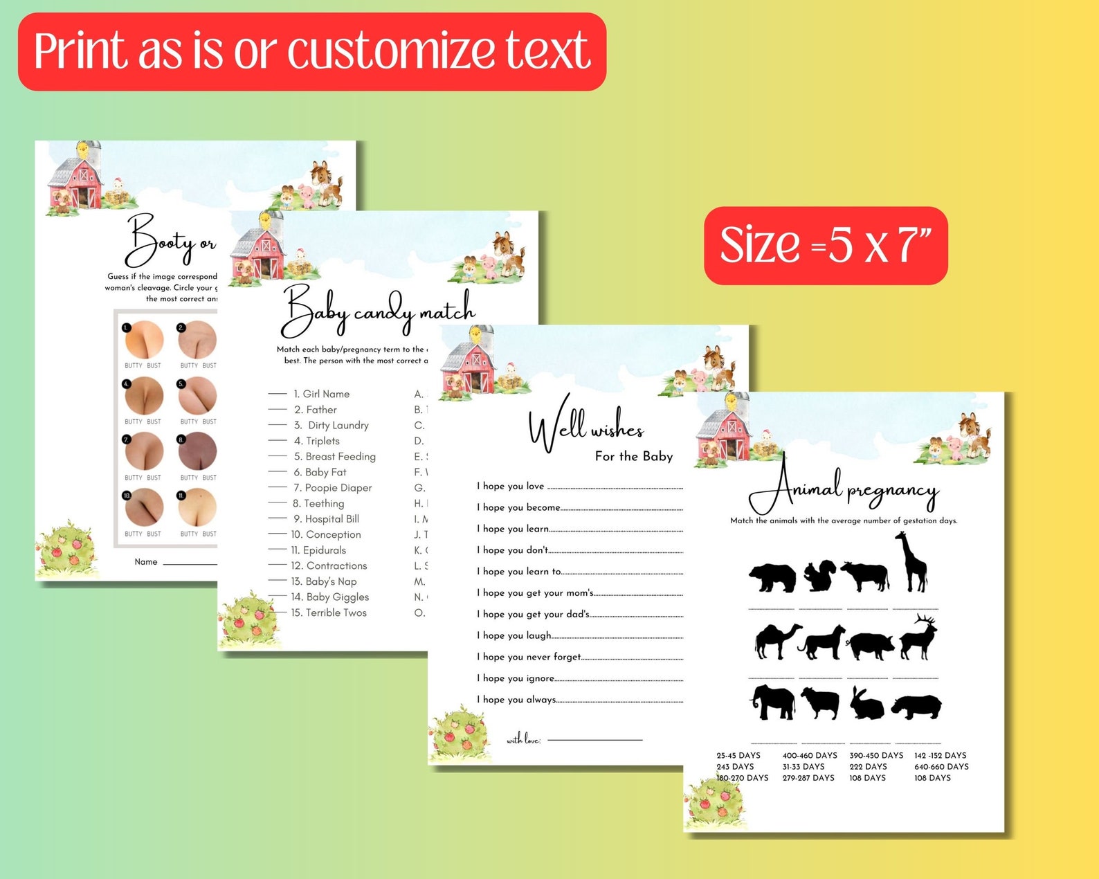 Farm Animals Baby Shower Game Bundle Baby Animals Baby - Etsy