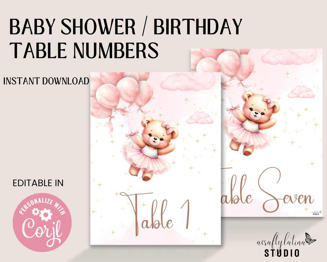 Baby Shower Table Numbers, Customizable Printable Decor, Editable Bear ...