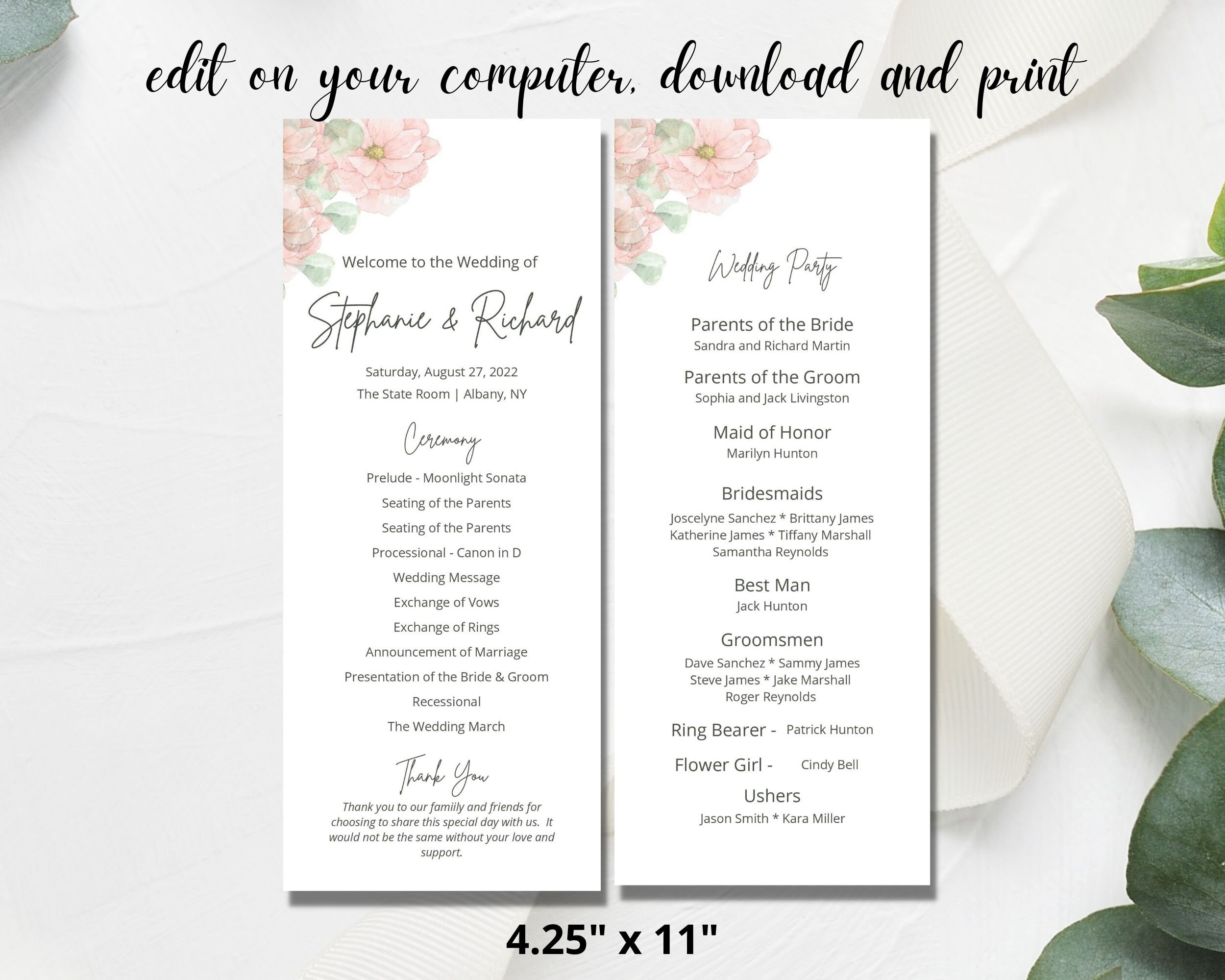 Wedding Ceremony Program Template Editable Program Wedding Program ...