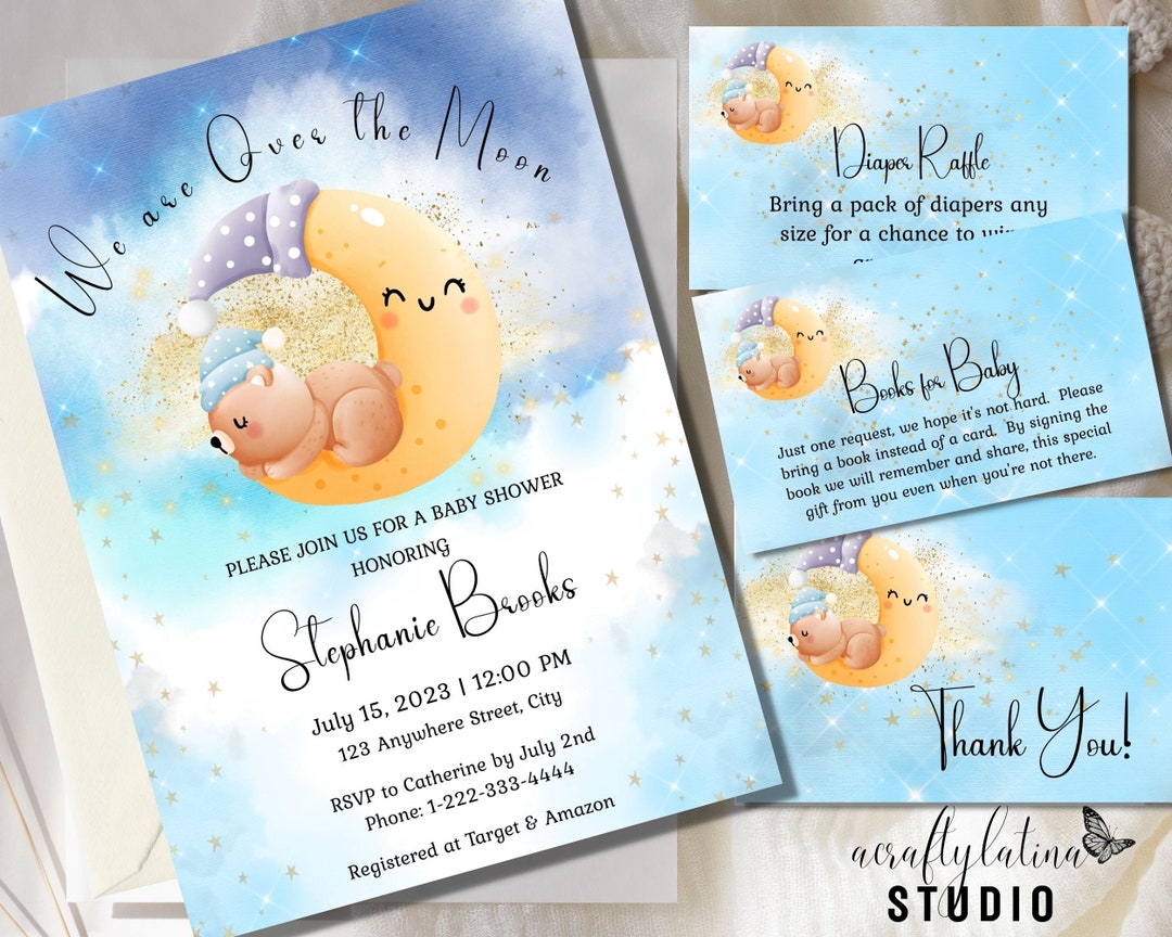 Over the Moon Baby Shower Invitation, Blue Moon and Stars, Twinkle ...