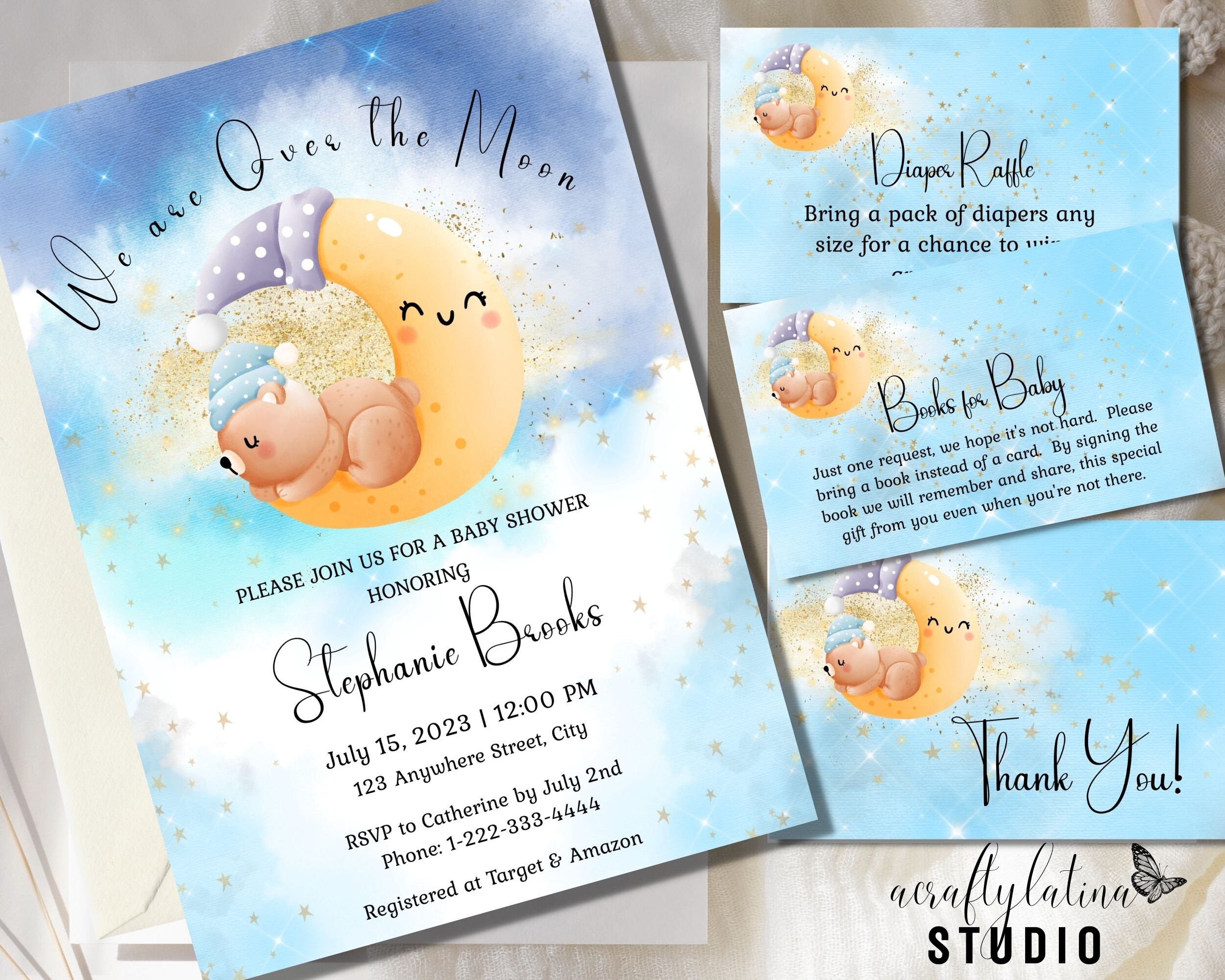 Over the Moon Baby Shower Invitation, Blue Moon and Stars, Twinkle ...