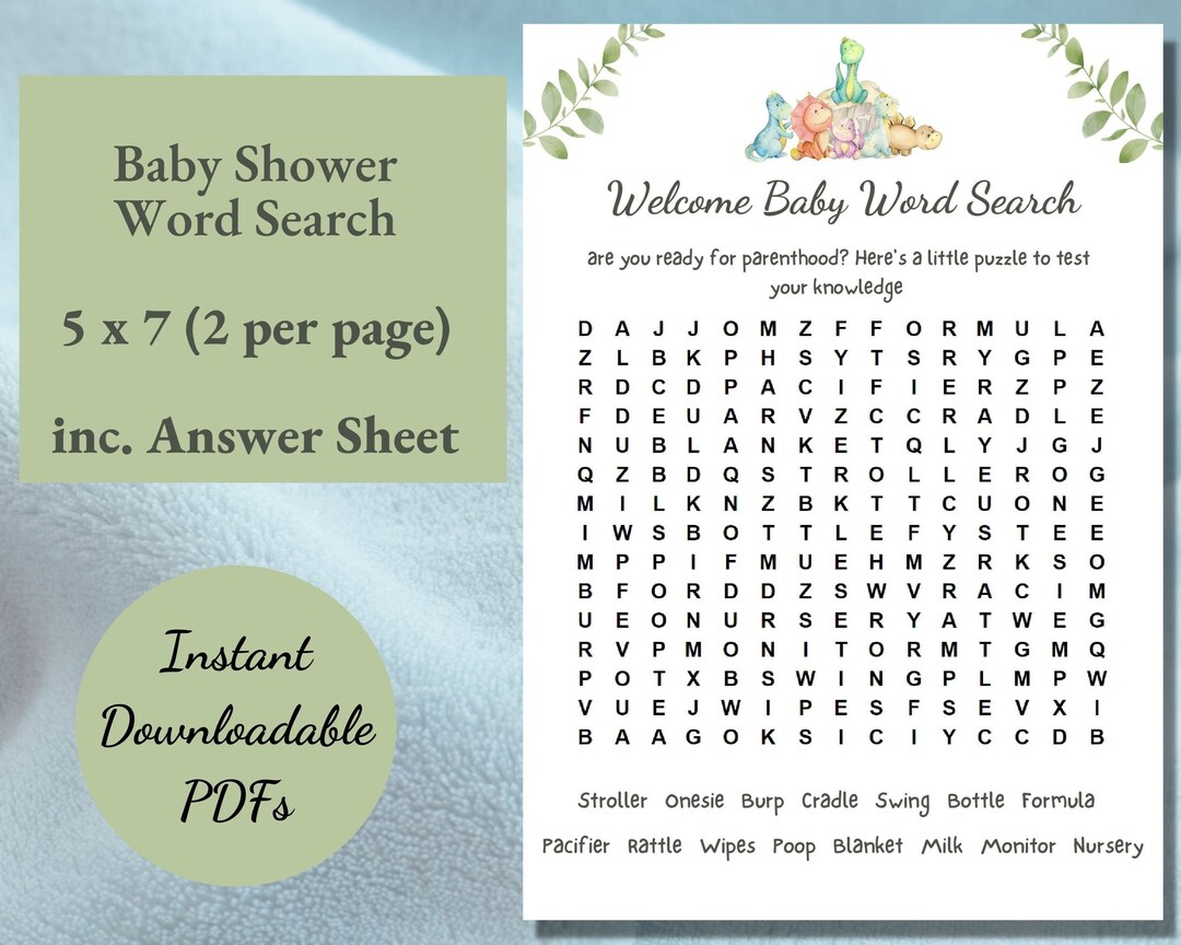 Word Search Dinosaur Baby Shower Game, Dino Baby Shower Game, Gender ...
