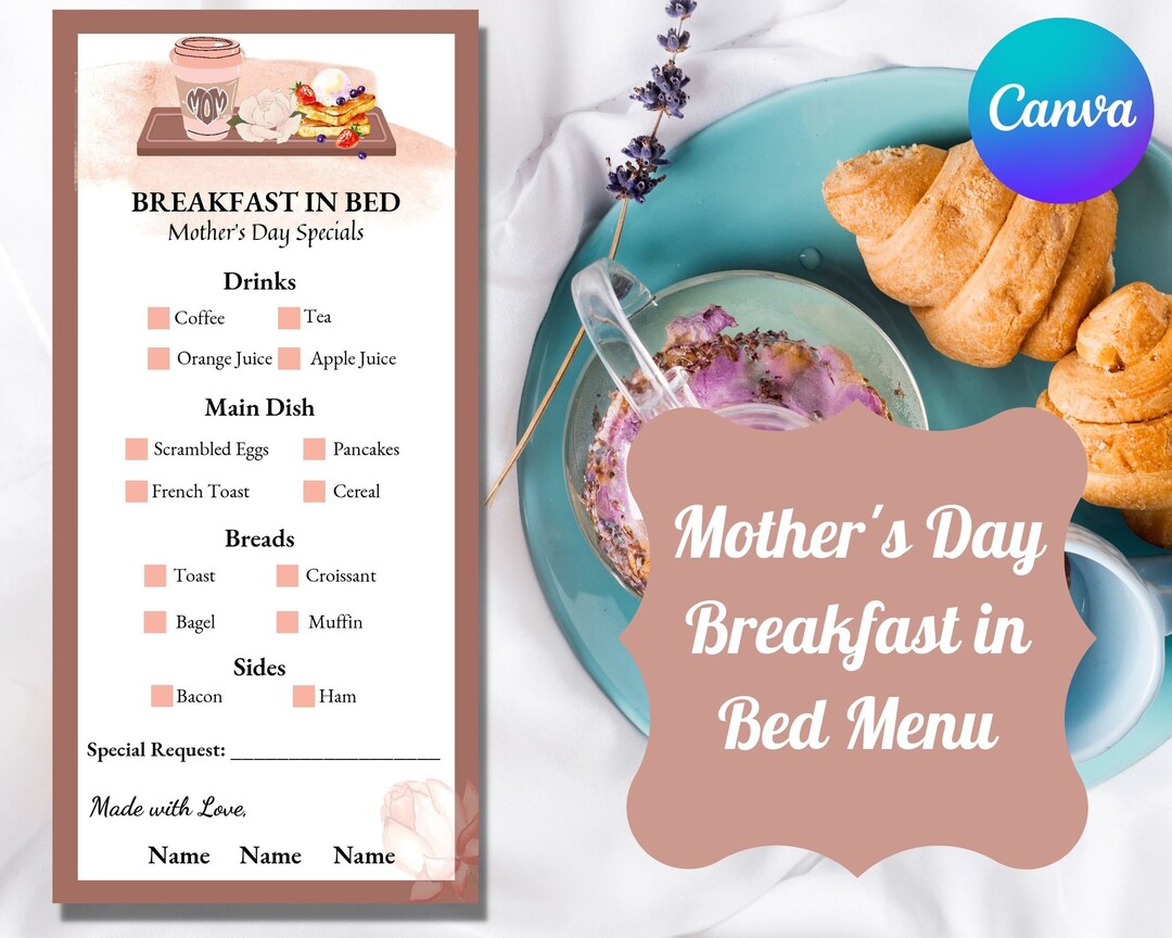 Mother’s Day Menu, Breakfast in Bed Menu, Menu Template - Etsy